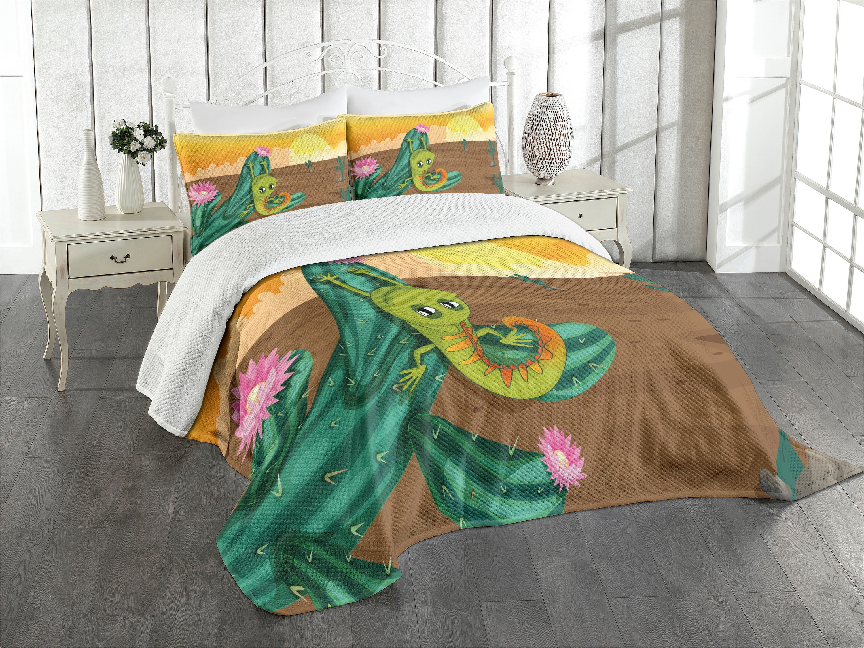 Ambesonne Cactus Quilted Bedspread Set 3 Pcs, Cartoon Desert Landscape ...
