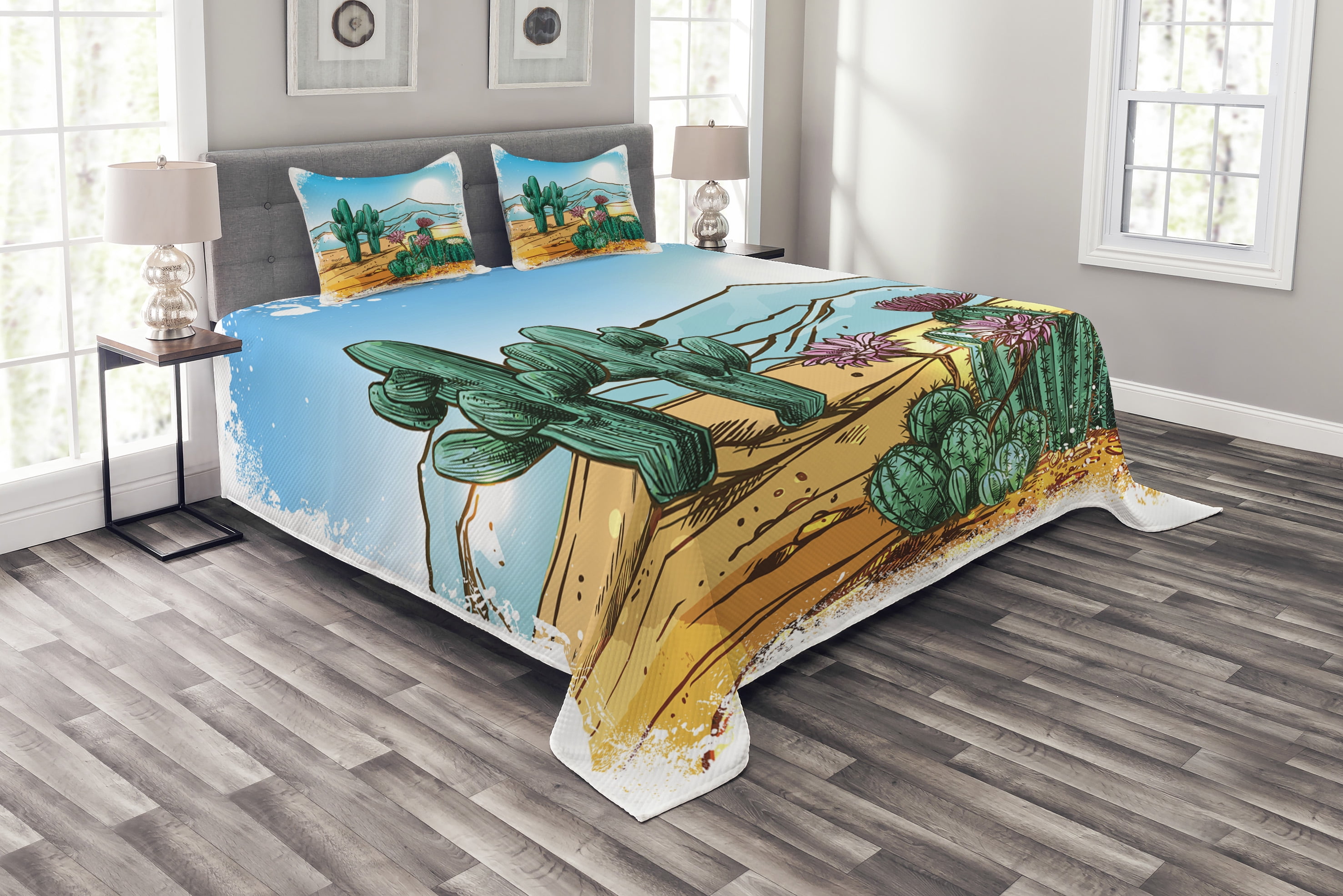 Ambesonne Cactus Quilted Bedspread Set 3 Pcs, Cartoon Vector Design ...