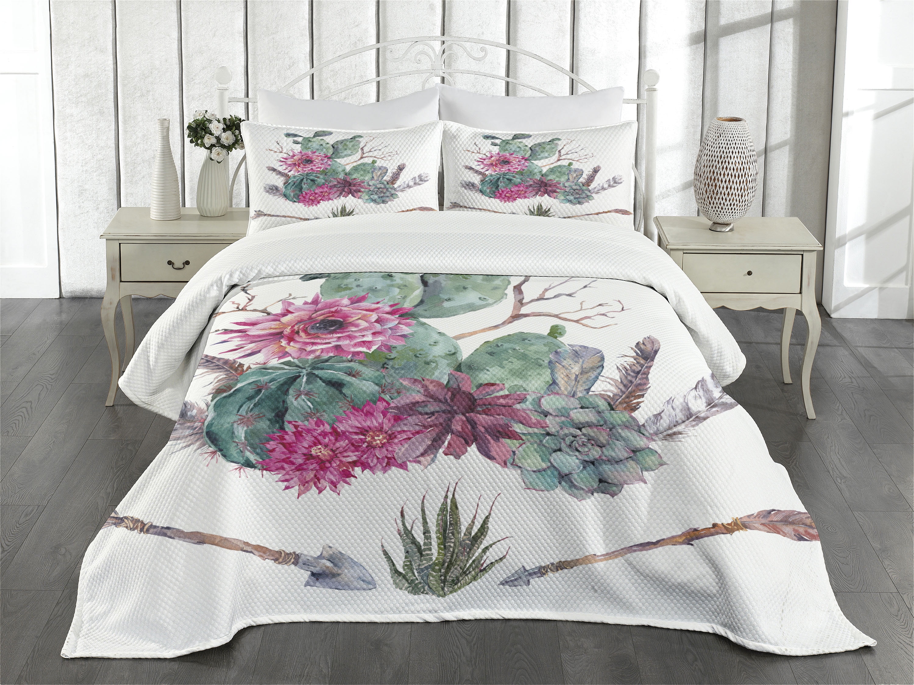 Ambesonne Cactus Quilted Bedspread Set 3 Pcs, Exotic Bouquet Vintage ...