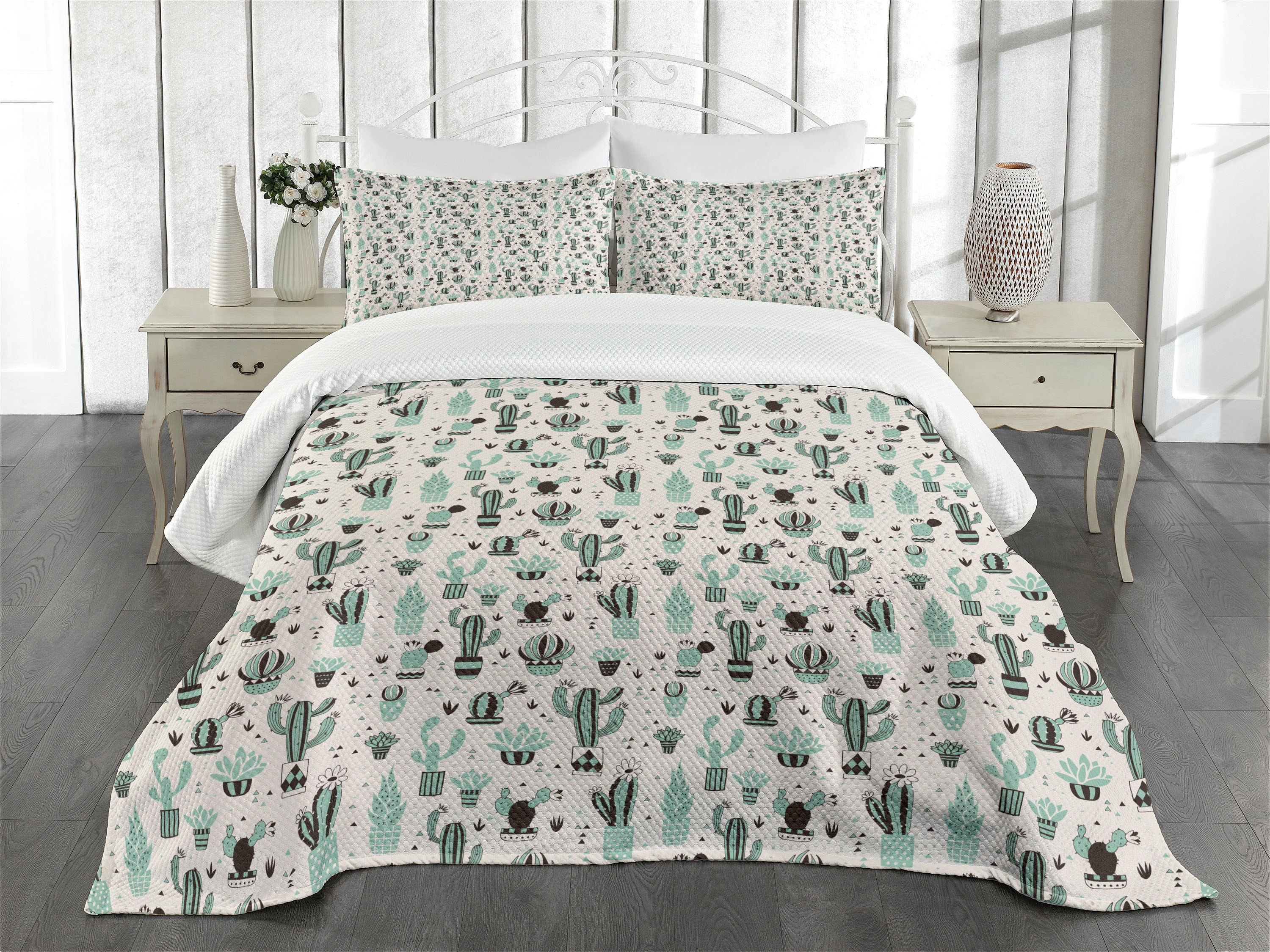 Ambesonne Cactus Quilted Bedspread Set 3 Pcs, Geometric Cartoon Plant ...