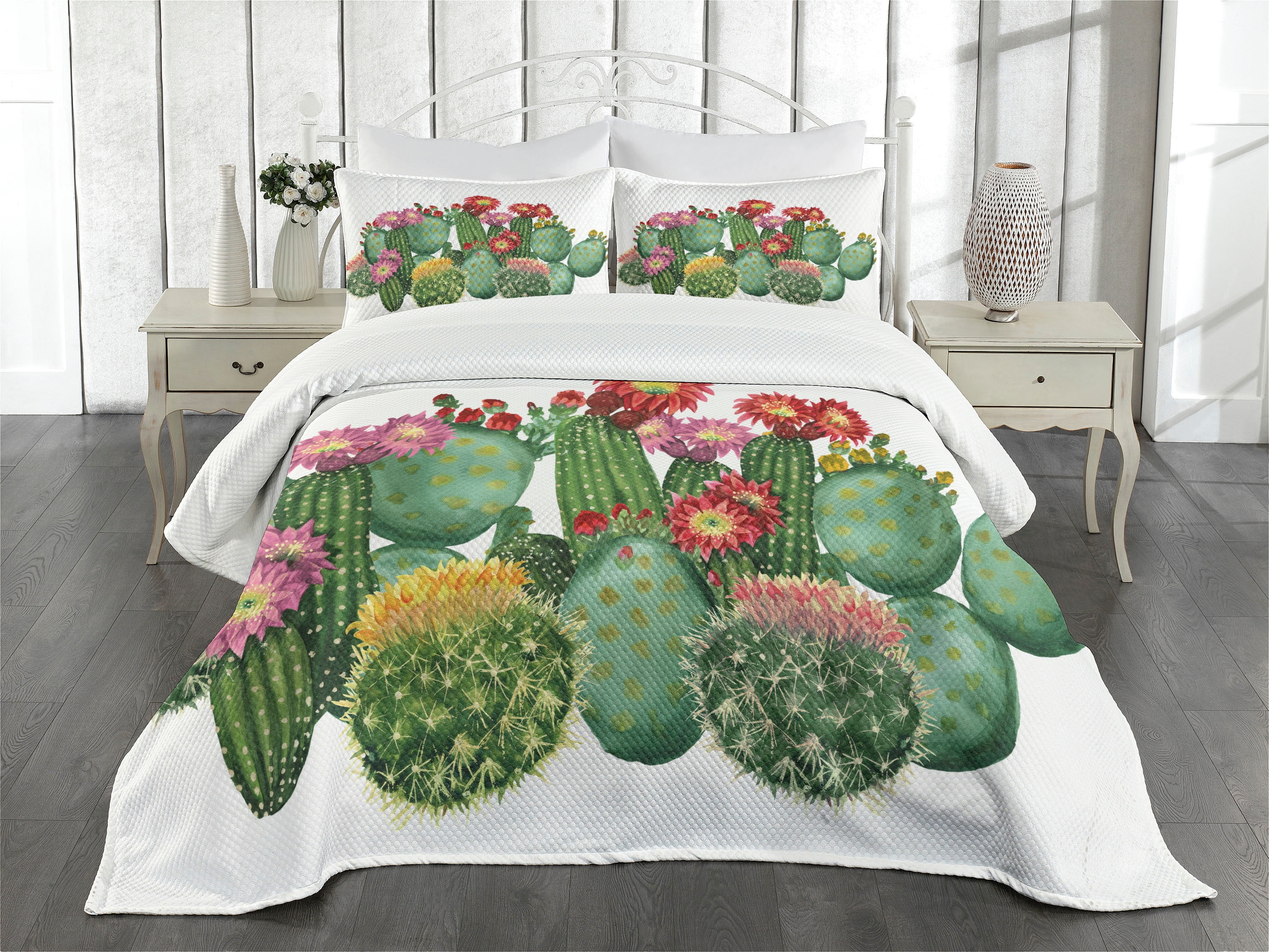 Ambesonne Cactus Quilted Bedspread Set 3 Pcs, Saguaro Tropical Garden ...