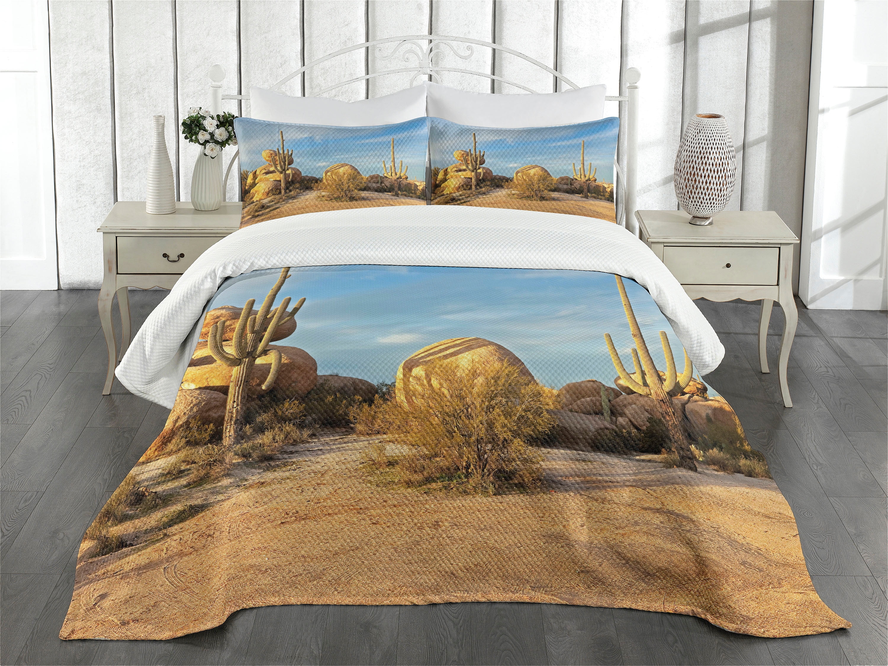 Ambesonne Cactus Quilted Bedspread Set 3 Pcs, Saguaros Boulders Sunset ...