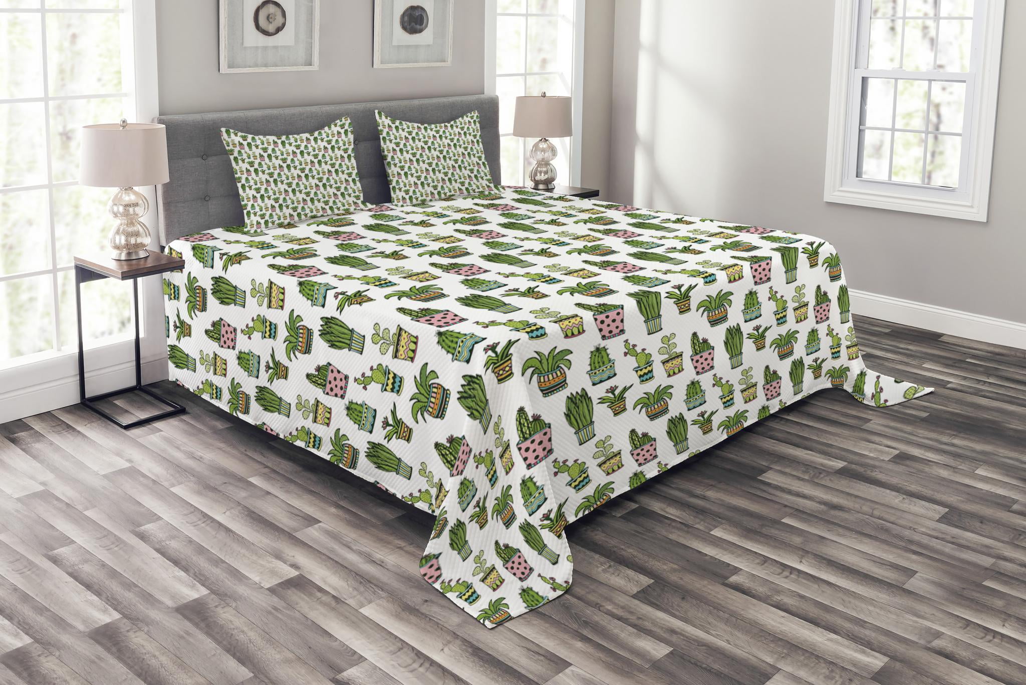 Ambesonne Cactus Quilted Bedspread Set 3 Pcs, Succulent Doodle Pots ...