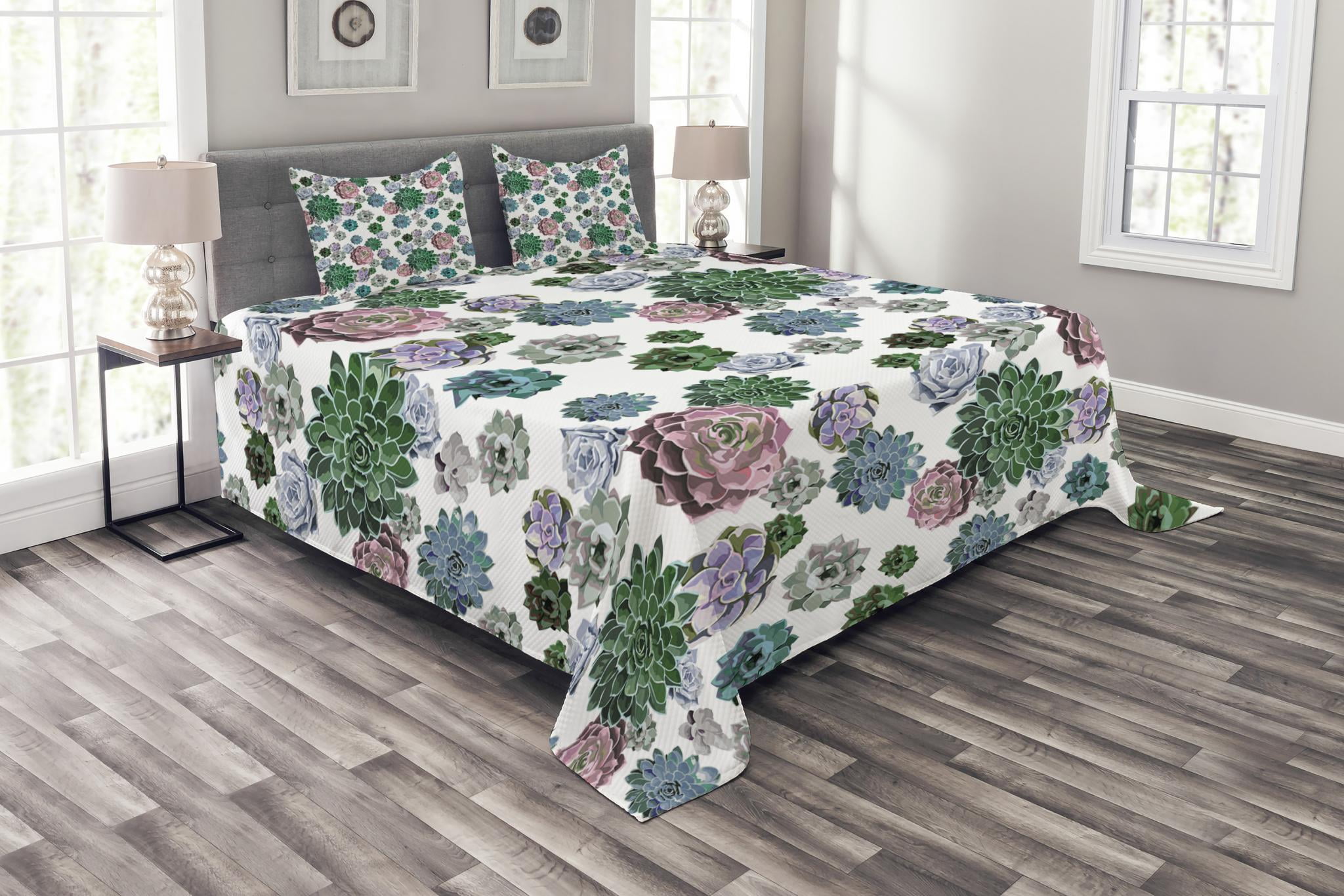 Ambesonne Cactus Quilted Bedspread Set 3 Pcs, Succulent Plants Garden ...