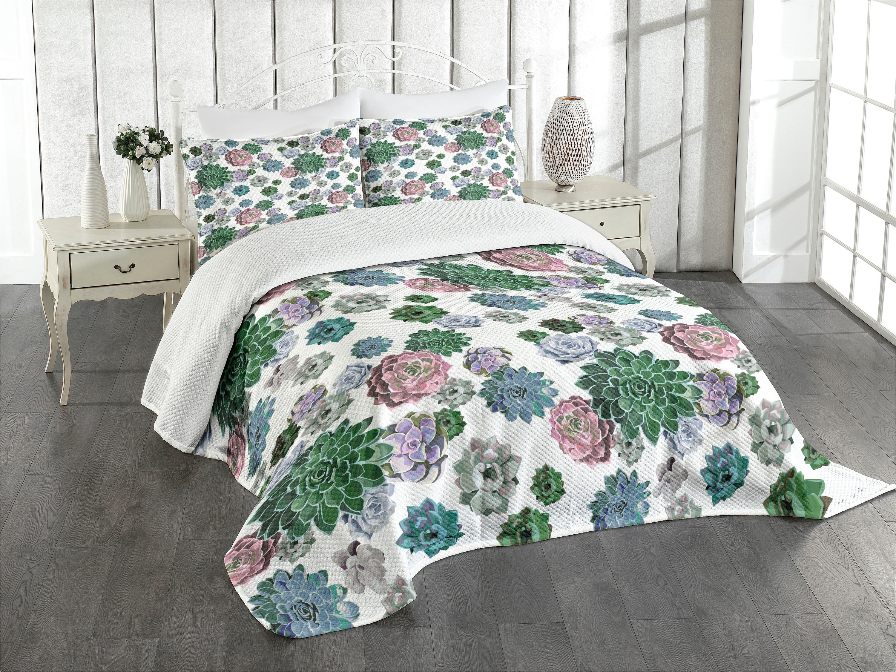 Ambesonne Cactus Quilted Bedspread Set 3 Pcs, Succulent Plants Garden ...