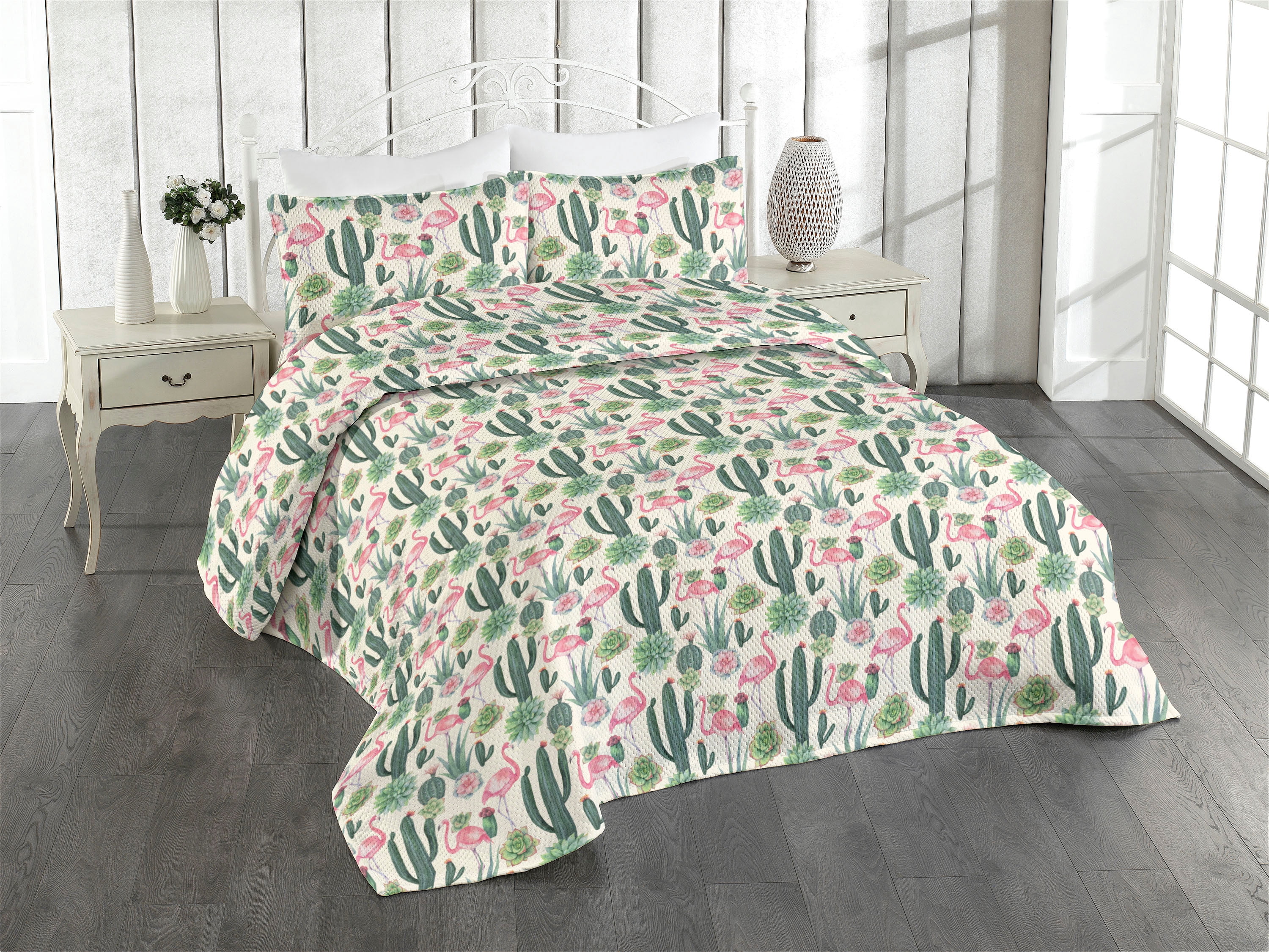 Ambesonne Cactus Quilted Bedspread Set 3 Pcs, Succulents Cactus ...