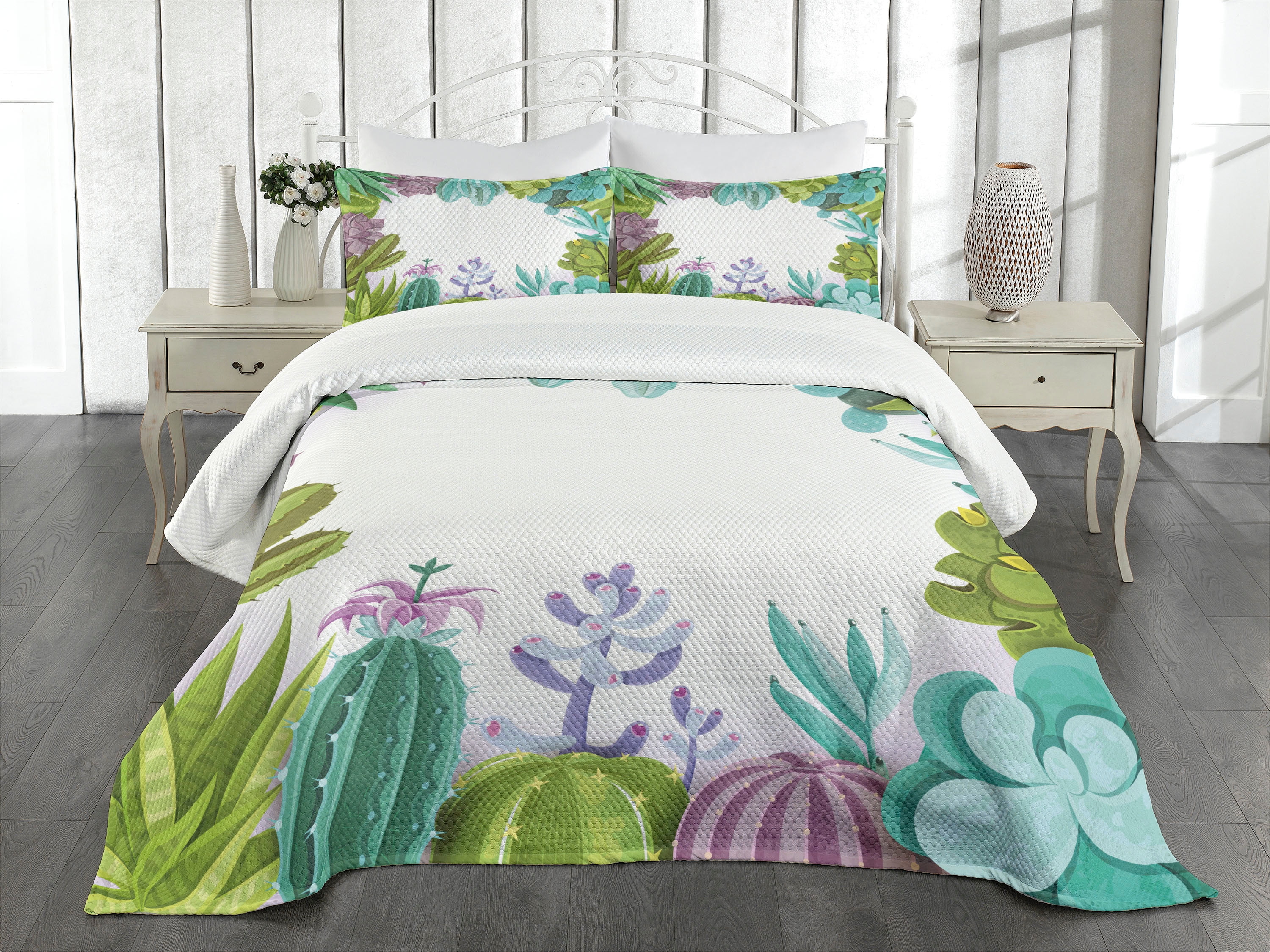Ambesonne Cactus Quilted Bedspread Set 3 Pcs, Succulents Plants Frame ...