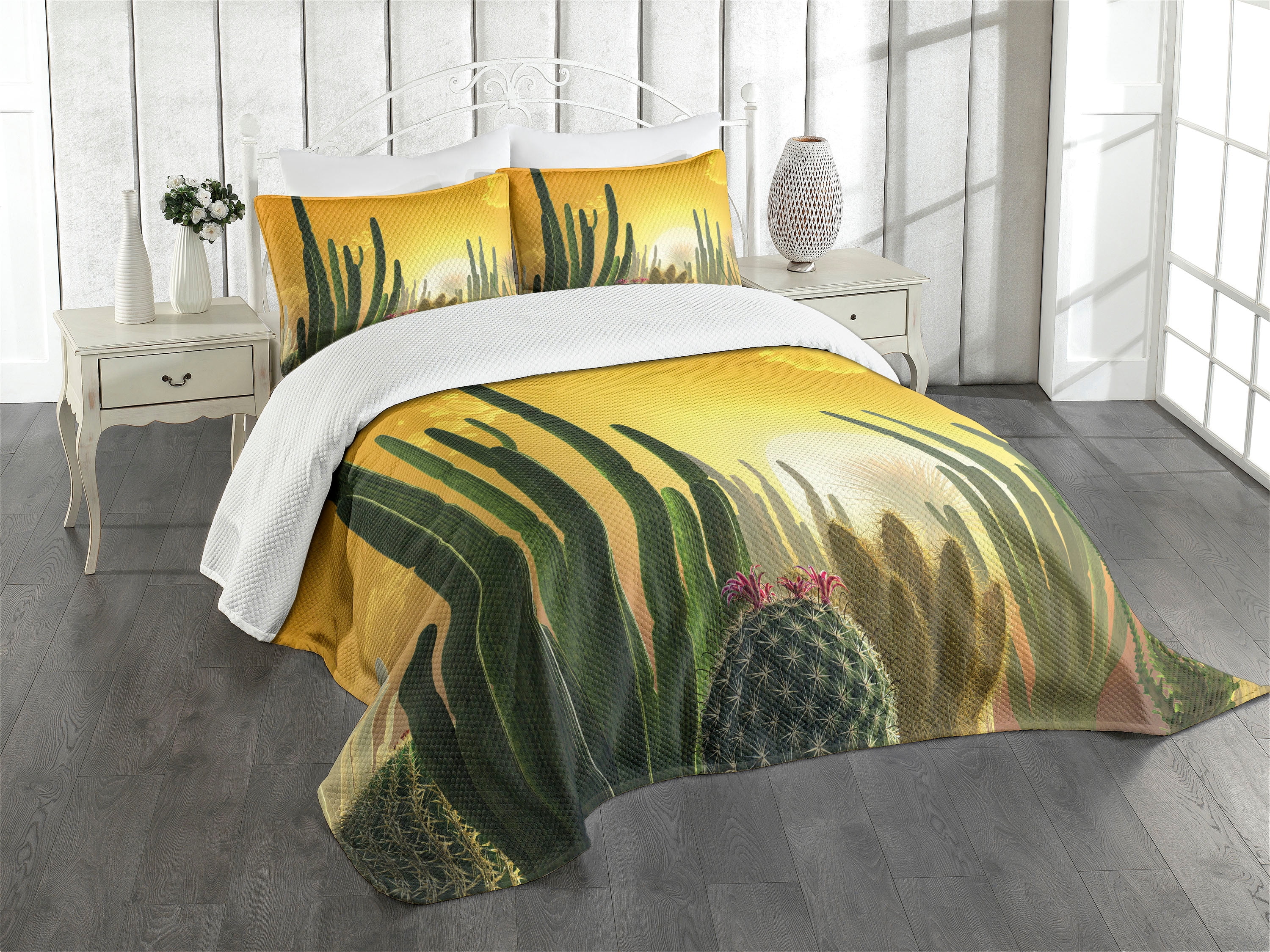 Ambesonne Cactus Quilted Bedspread Set 3 Pcs, Sunset Desert Ecology ...
