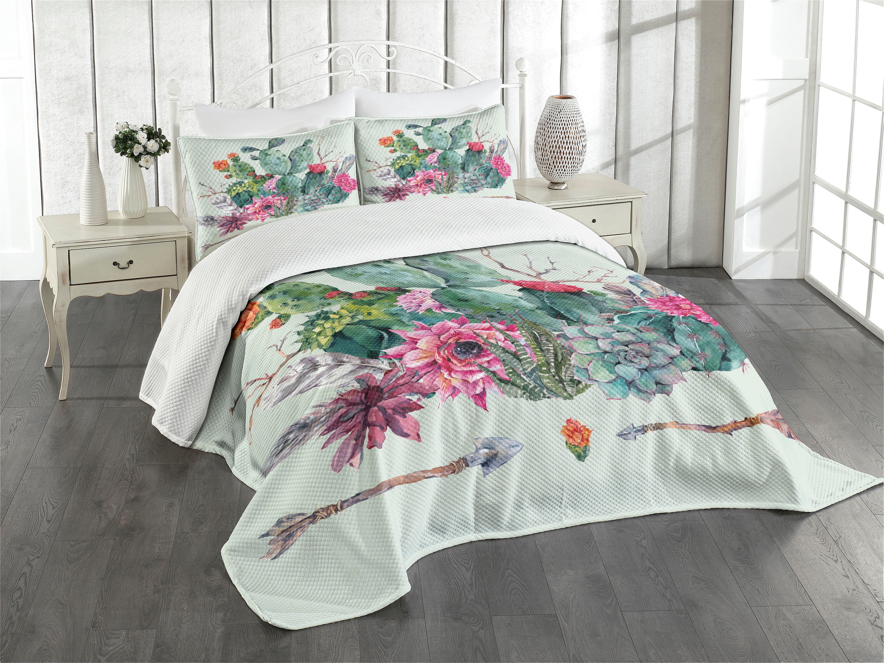 Ambesonne Cactus Quilted Bedspread Set 3 Pcs, Thorny Boho Blossoms ...