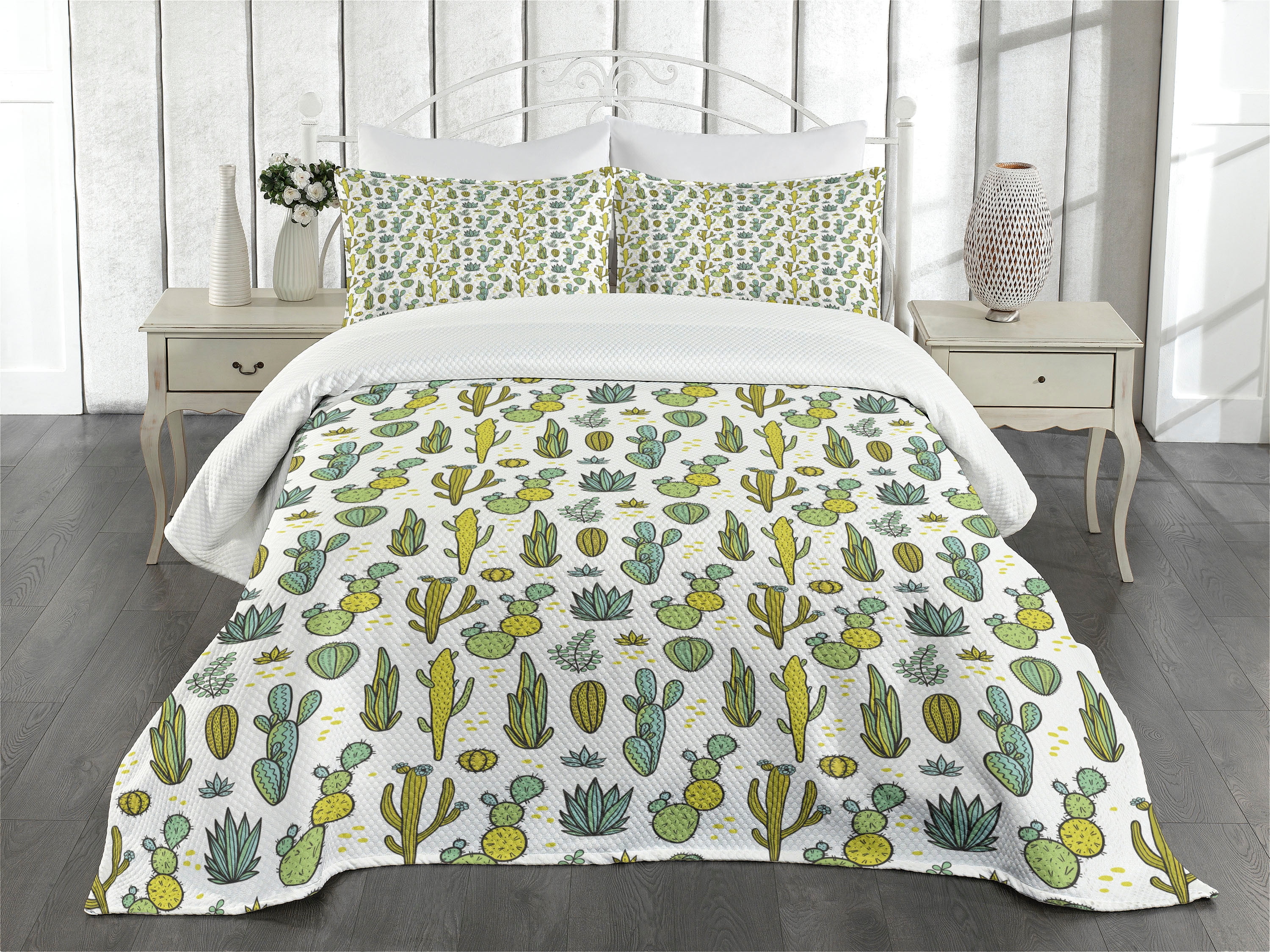 Ambesonne Cactus Quilted Bedspread Set 3 Pcs, Tropical Foliage Motif ...