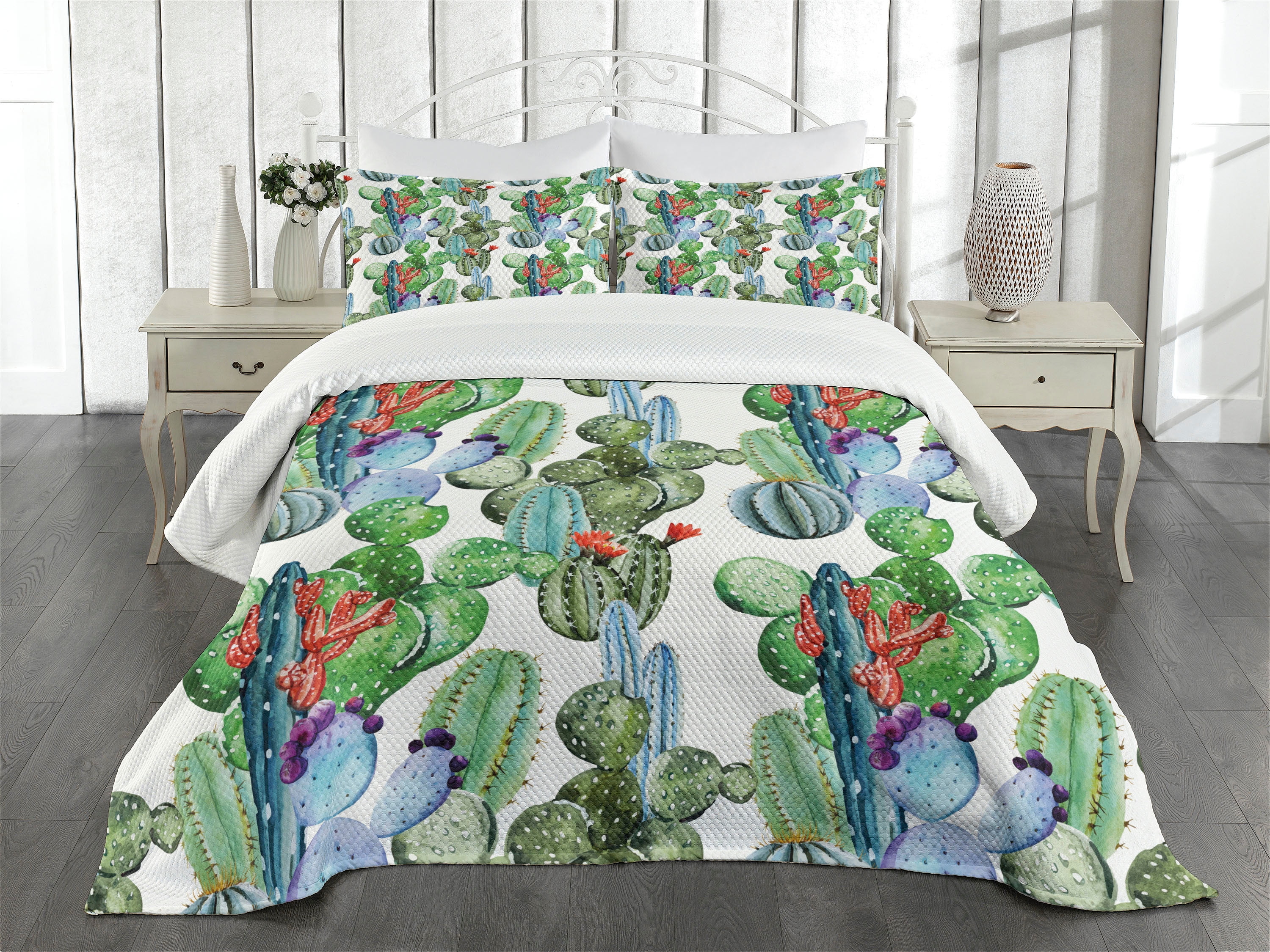 Ambesonne Cactus Quilted Bedspread Set 3 Pcs, Various Types Art, Queen ...
