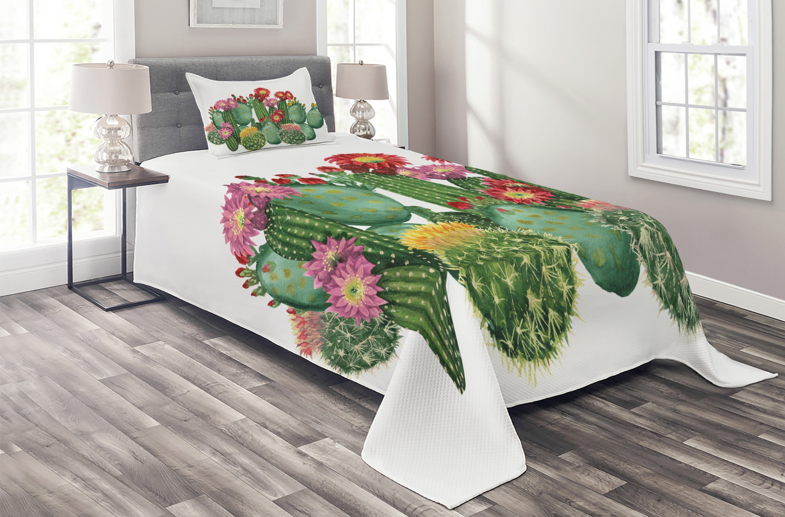 Ambesonne Cactus Quilted Coverlet 2 Pcs, Saguaro Tropical Garden, Twin ...