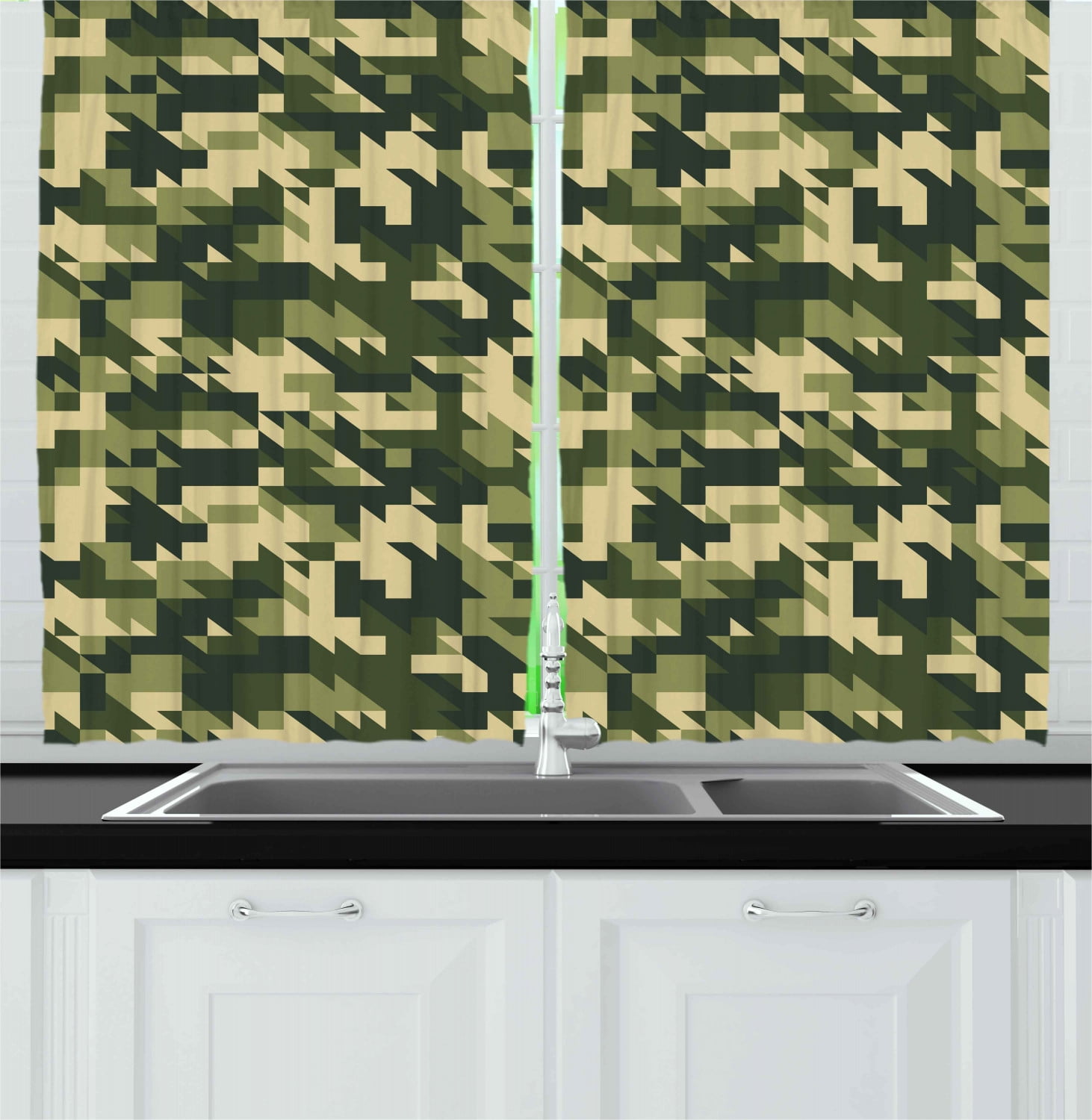 Ambesonne Camo Kitchen Curtains, Abstract Chevron Forest, 55"x39", Pale ...