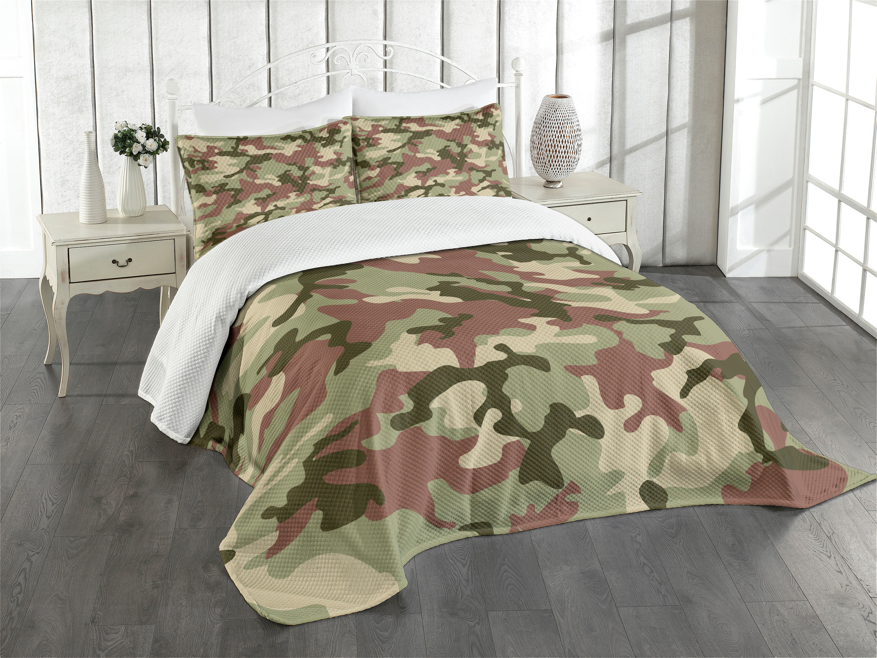 Ambesonne Camo Quilted Bedspread Set 3 Pcs, Pattern in Forest Colors ...