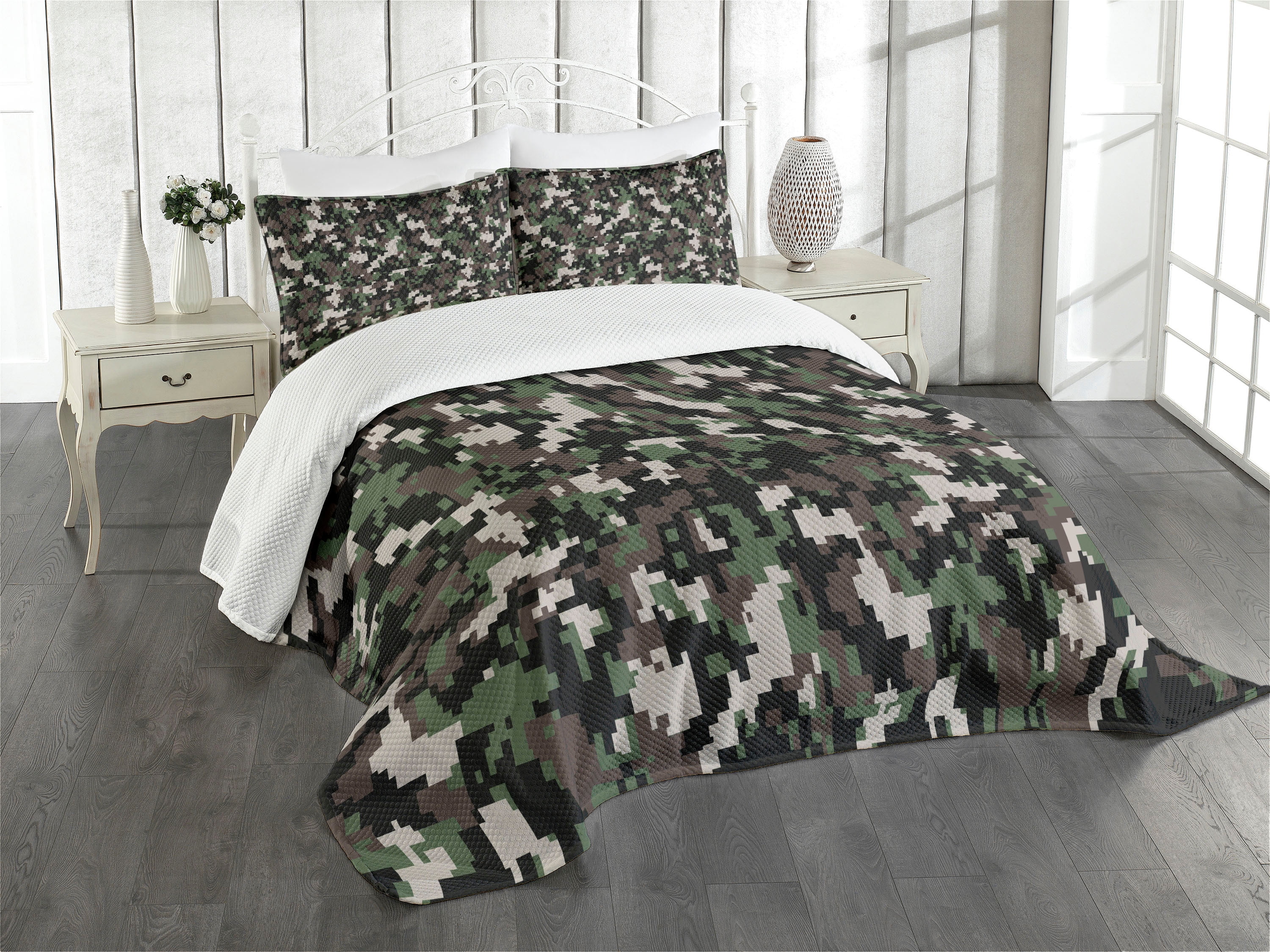 Ambesonne Camo Quilted Bedspread Set 3 Pcs, Pixelated Digital Abstract ...