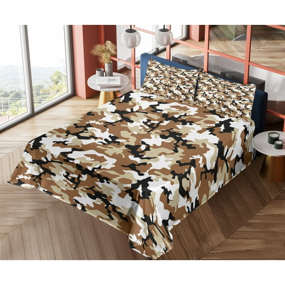 Ambesonne Camouflage Fitted & Top Sheet Set with Shams, Camo Style ...