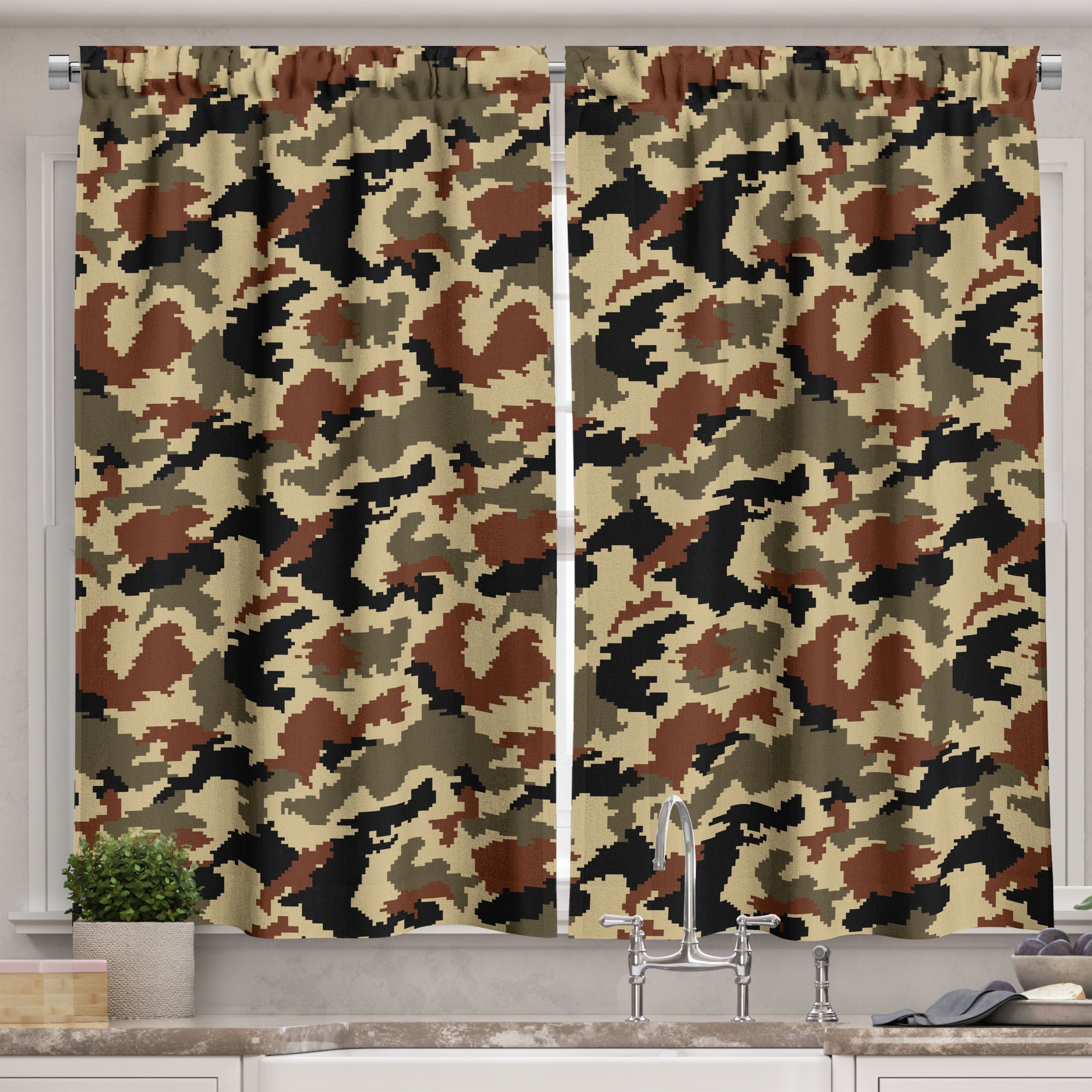 Ambesonne Camouflage Kitchen Curtains, Pixel Art Abstract, 55"x45 ...
