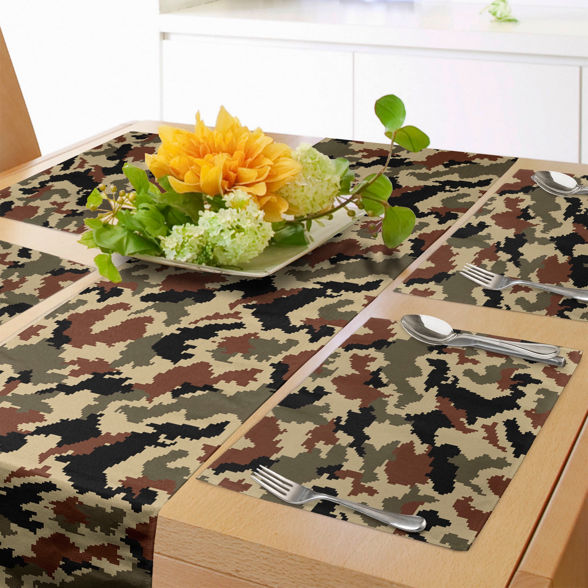 Ambesonne Camouflage Table Runner & Placemats, Pixel Art Abstract ...