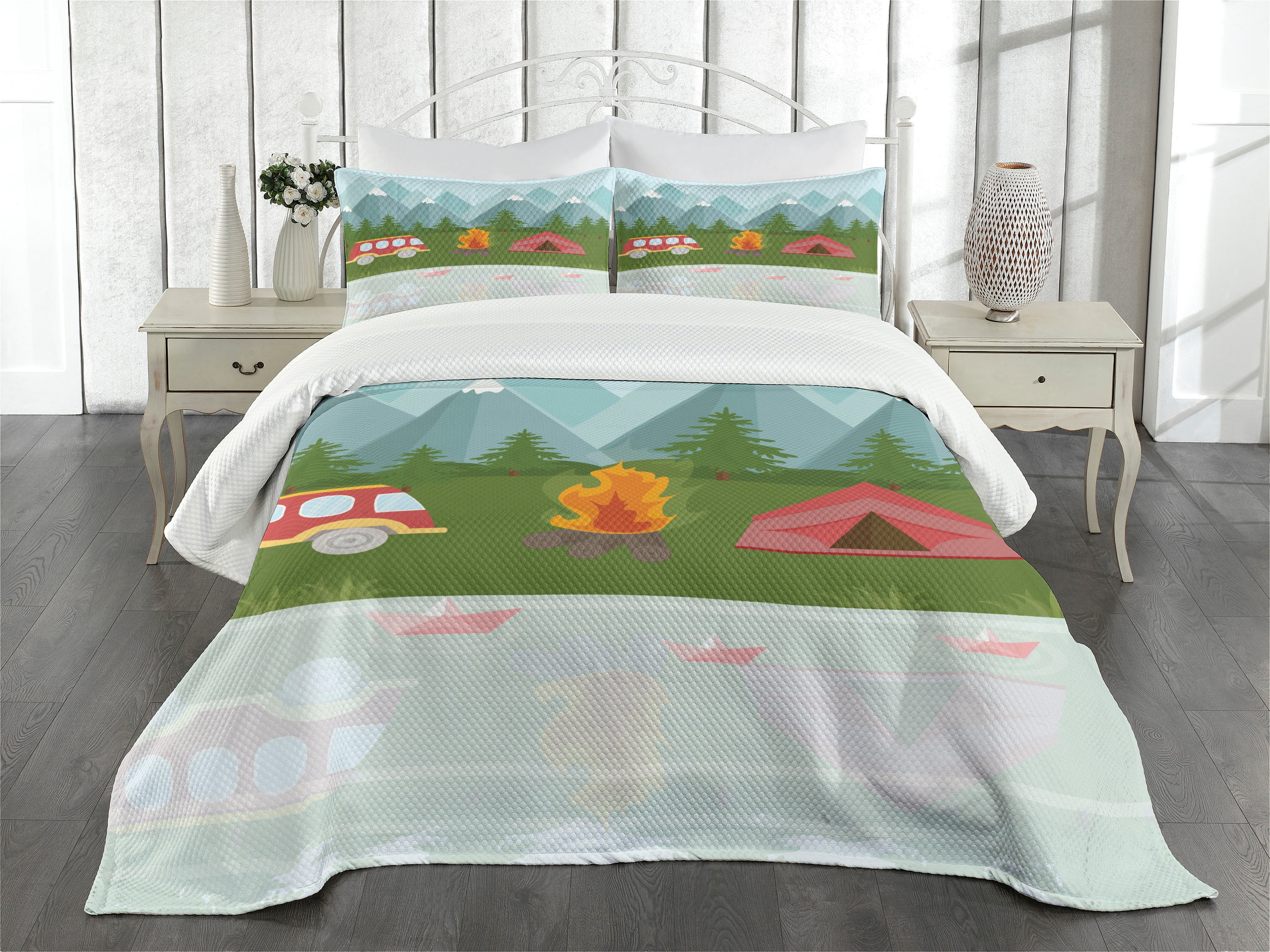 Ambesonne Camper Quilted Bedspread Set 3 Pcs, Cartoon Caravan Tent ...
