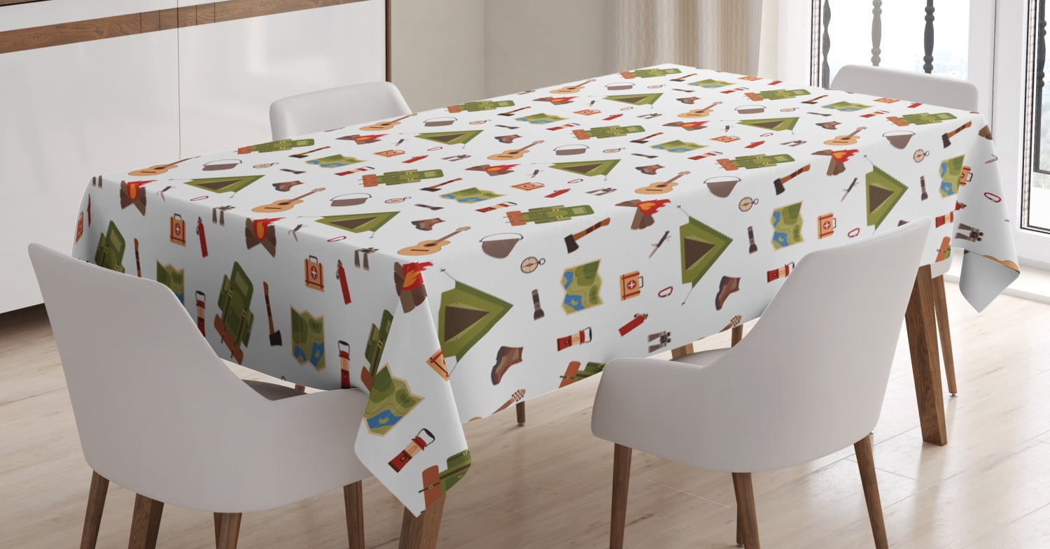 Ambesonne Camping Tablecloth Rectangular Table Cover, Campfire with Map ...
