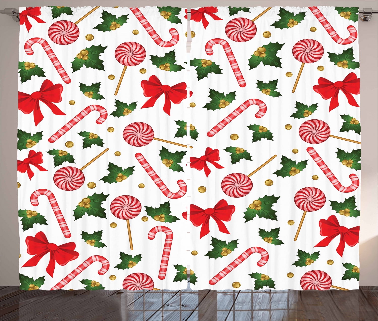 Ambesonne Candy Cane Curtains 2 Panel Set, Mistletoe and Sweets, 108" x ...