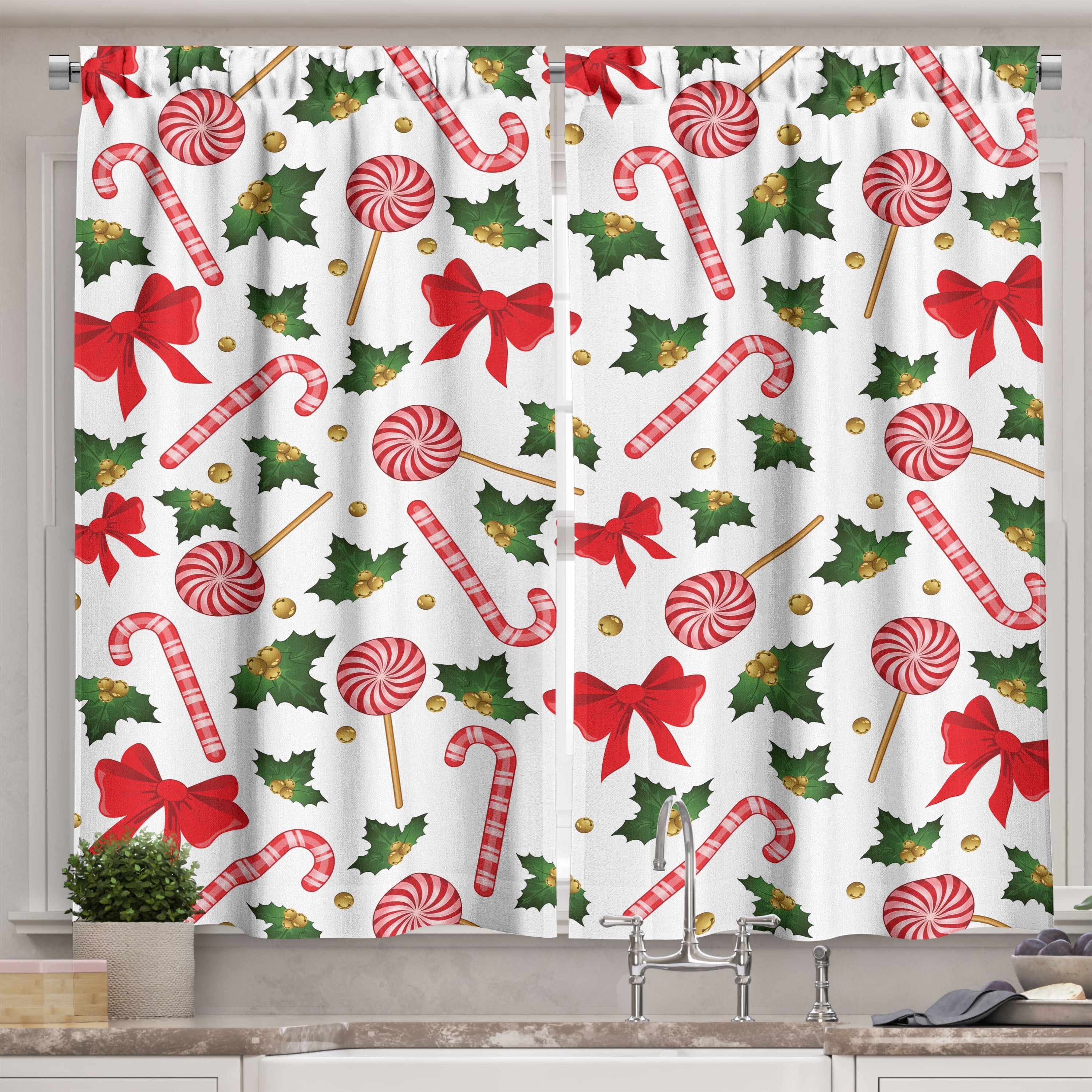 Ambesonne Candy Cane Kitchen Curtains, Mistletoe and Sweets, 55"x39 ...
