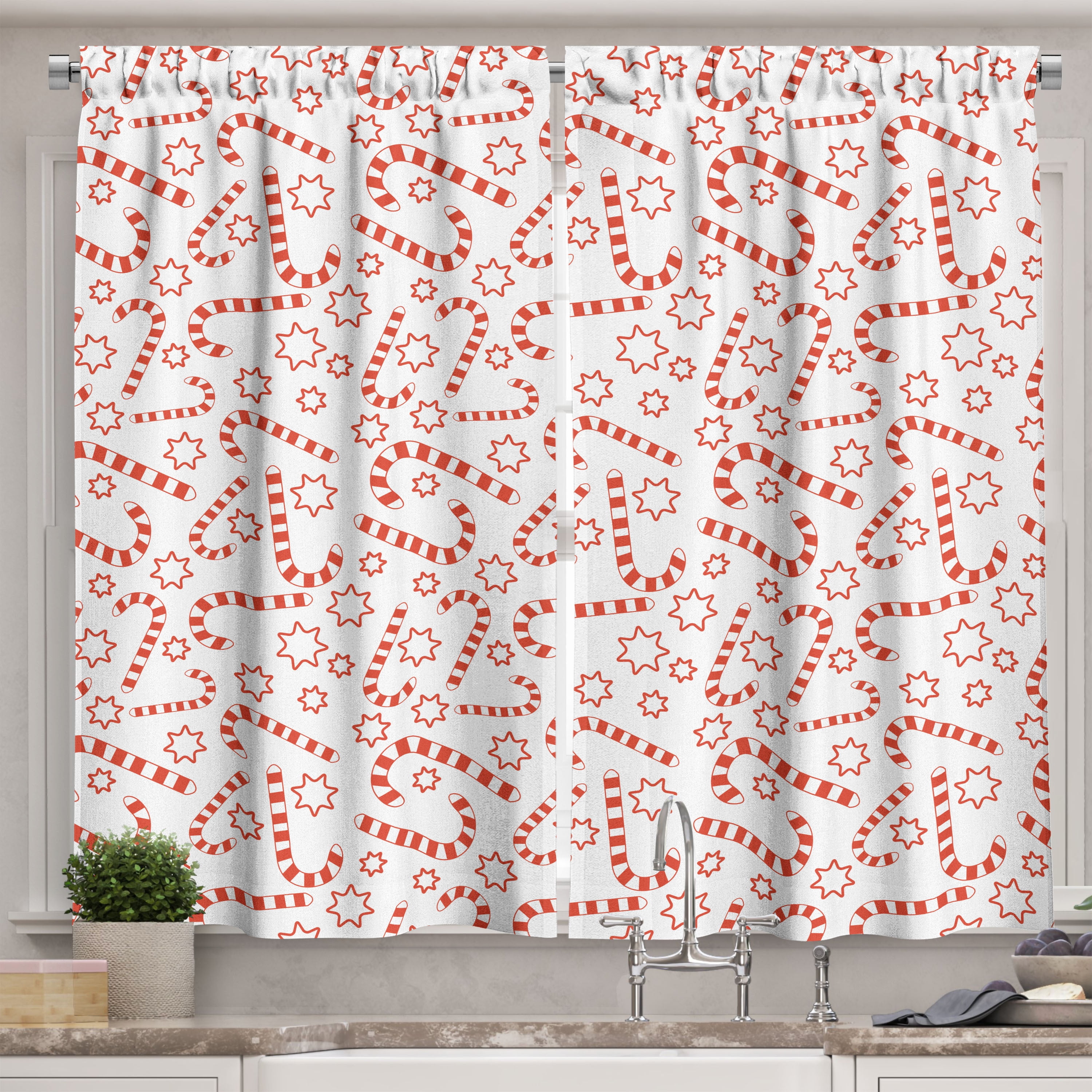 Ambesonne Candy Cane Kitchen Curtains, Xmas Theme Stars, 55"x39 ...