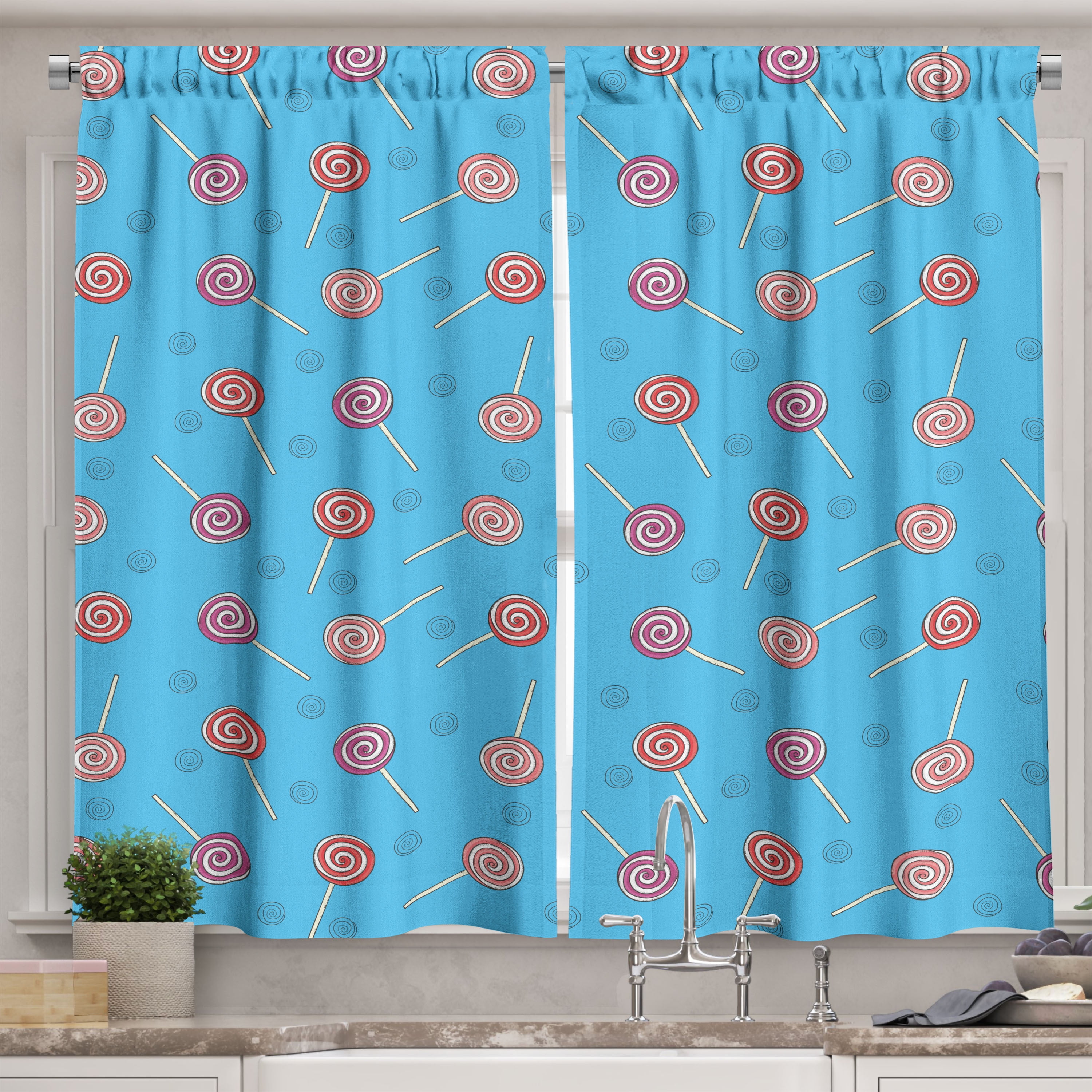 Ambesonne Candy Kitchen Curtains, Retro Swirl Tasty Lollipops, 55"x45 ...