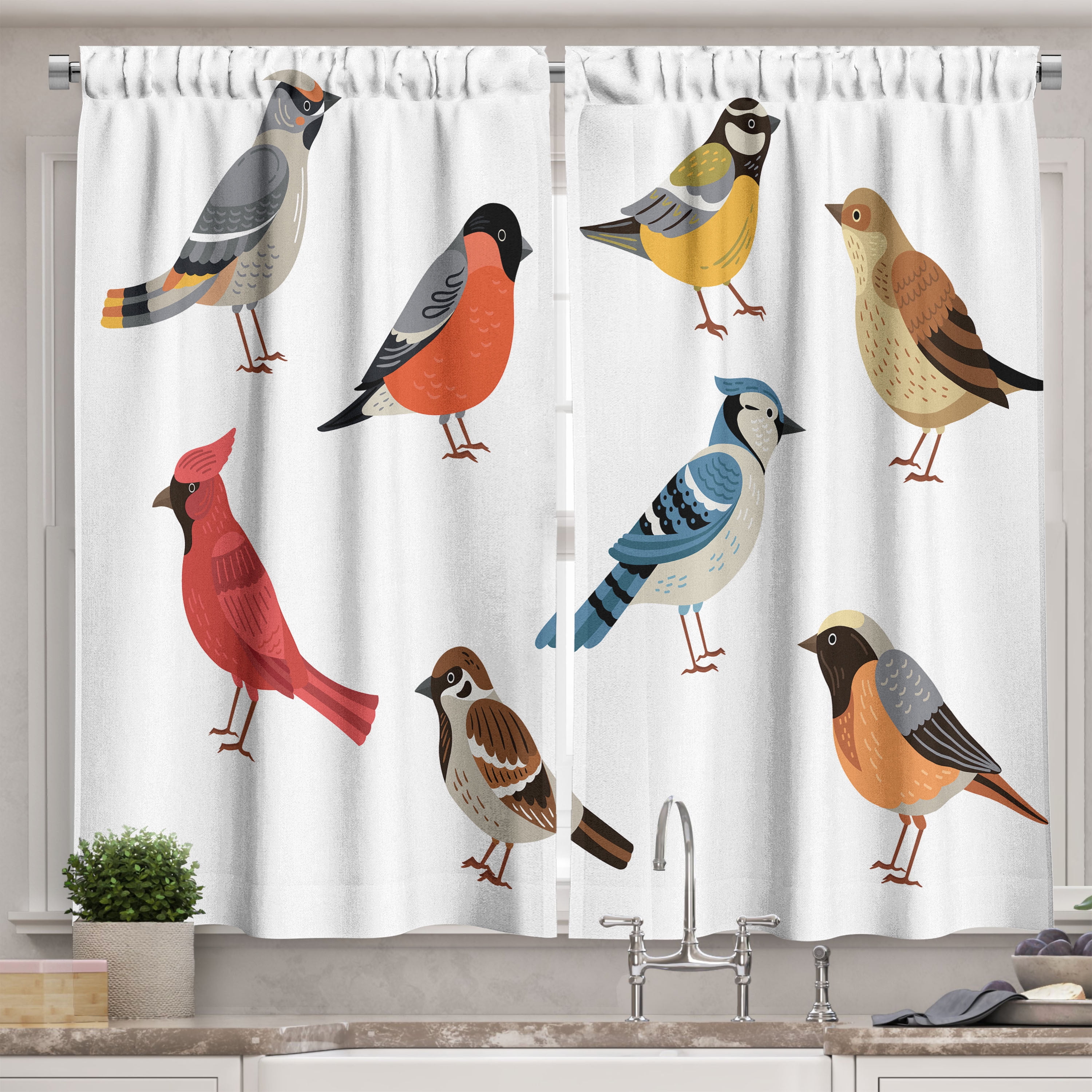 Ambesonne Cardinal Kitchen Curtains, Colorful Wild Forest Birds, 55"x30 ...