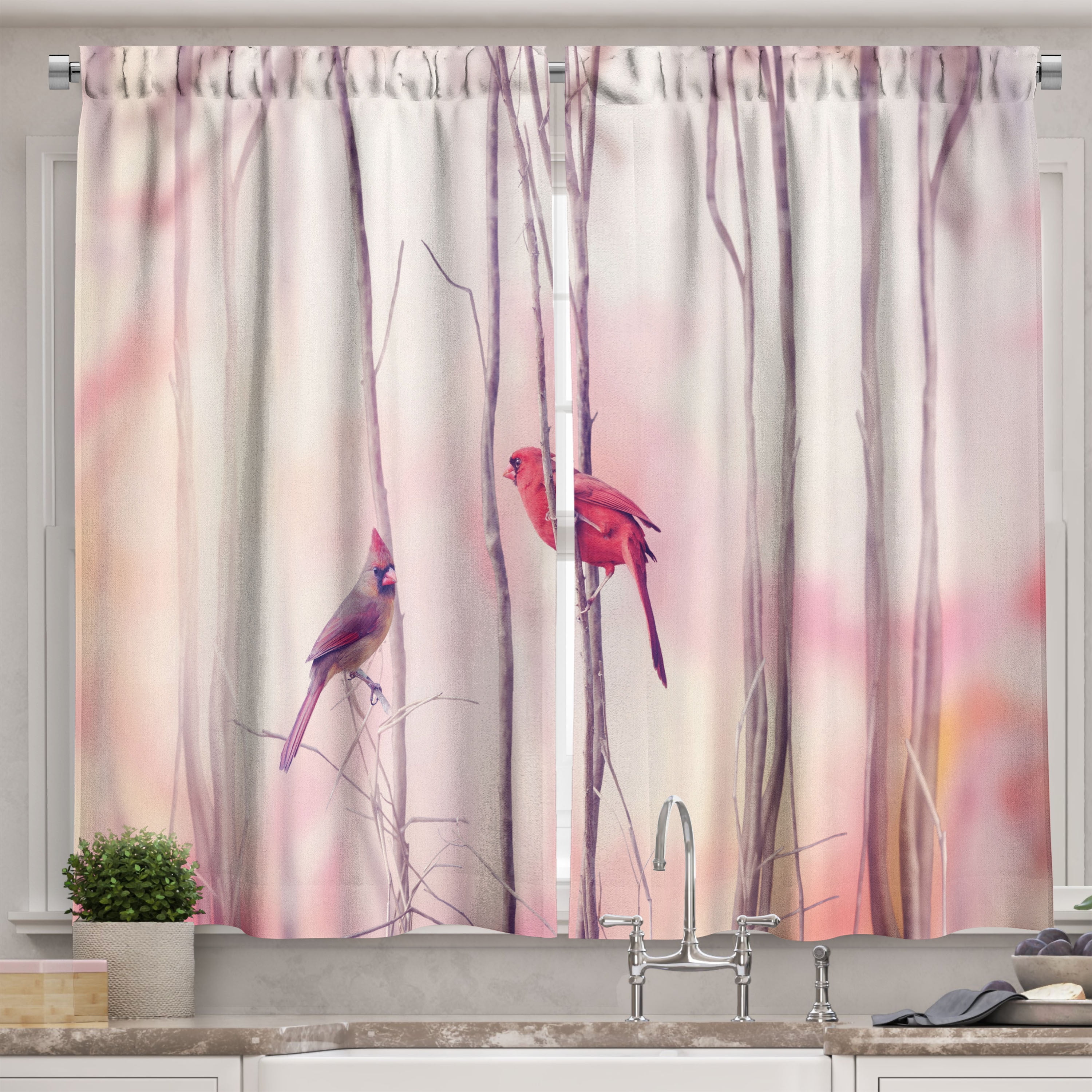 Ambesonne Cardinal Kitchen Curtains, Perching Bird Japanese, 55"x45 ...