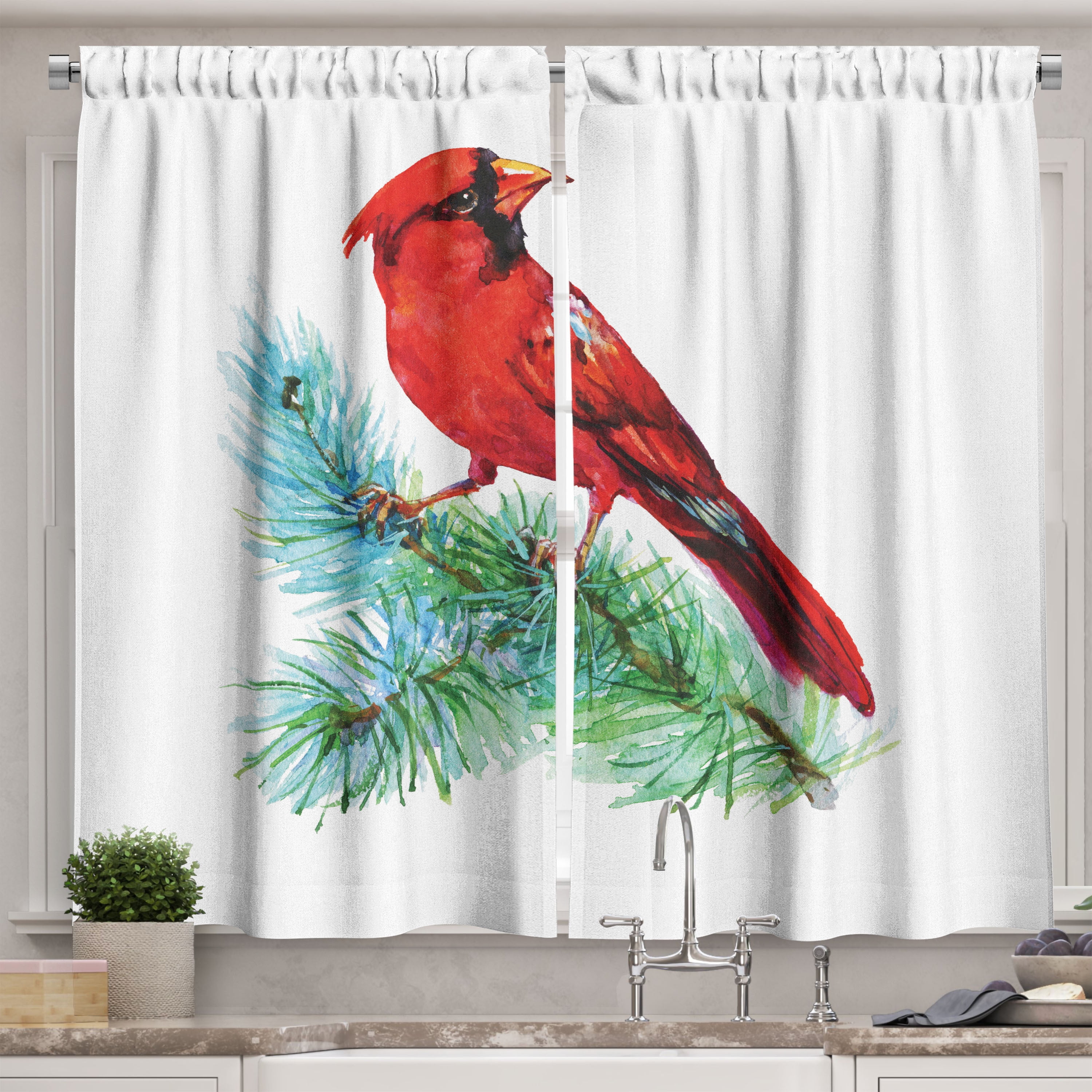 Ambesonne Cardinal Kitchen Curtains, Portrait of a Bird Sketch, 55"x45 ...