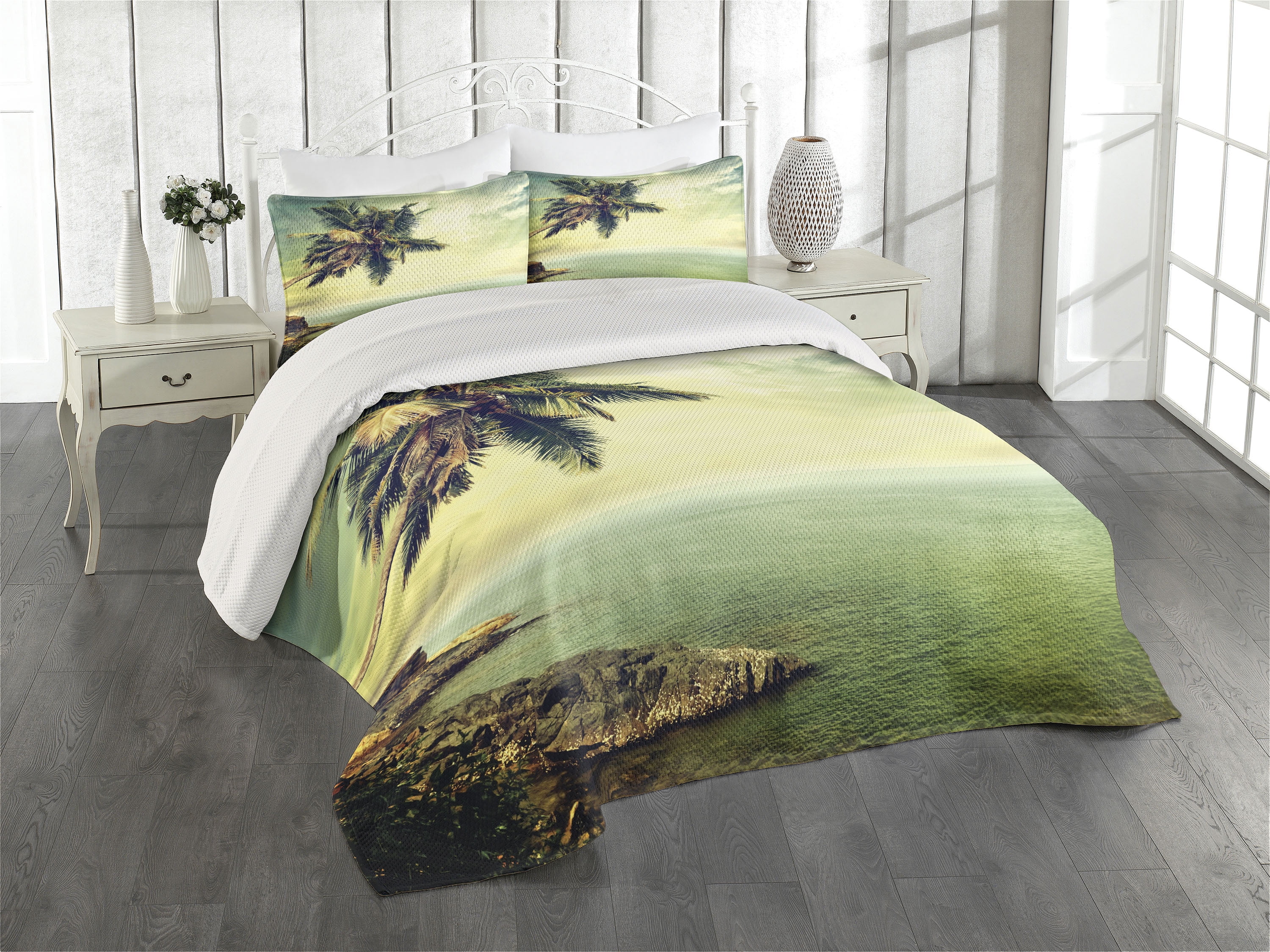 Ambesonne Caribbean Quilted Coverlet 3 Pcs, Palm Tree Rocky Shore ...