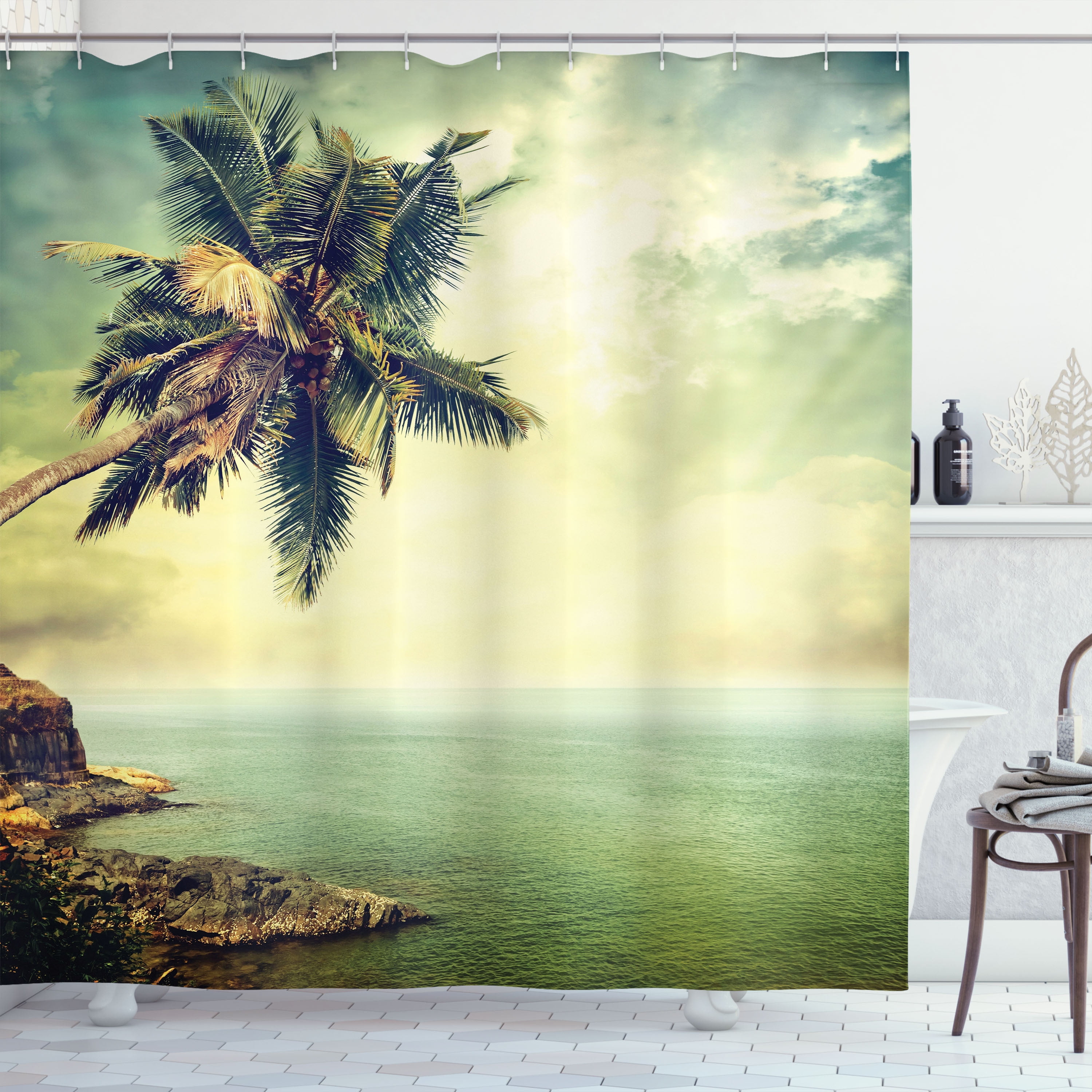 Ambesonne Caribbean Shower Curtain, Palm Tree Rocky Shore, 69"Wx70"L ...