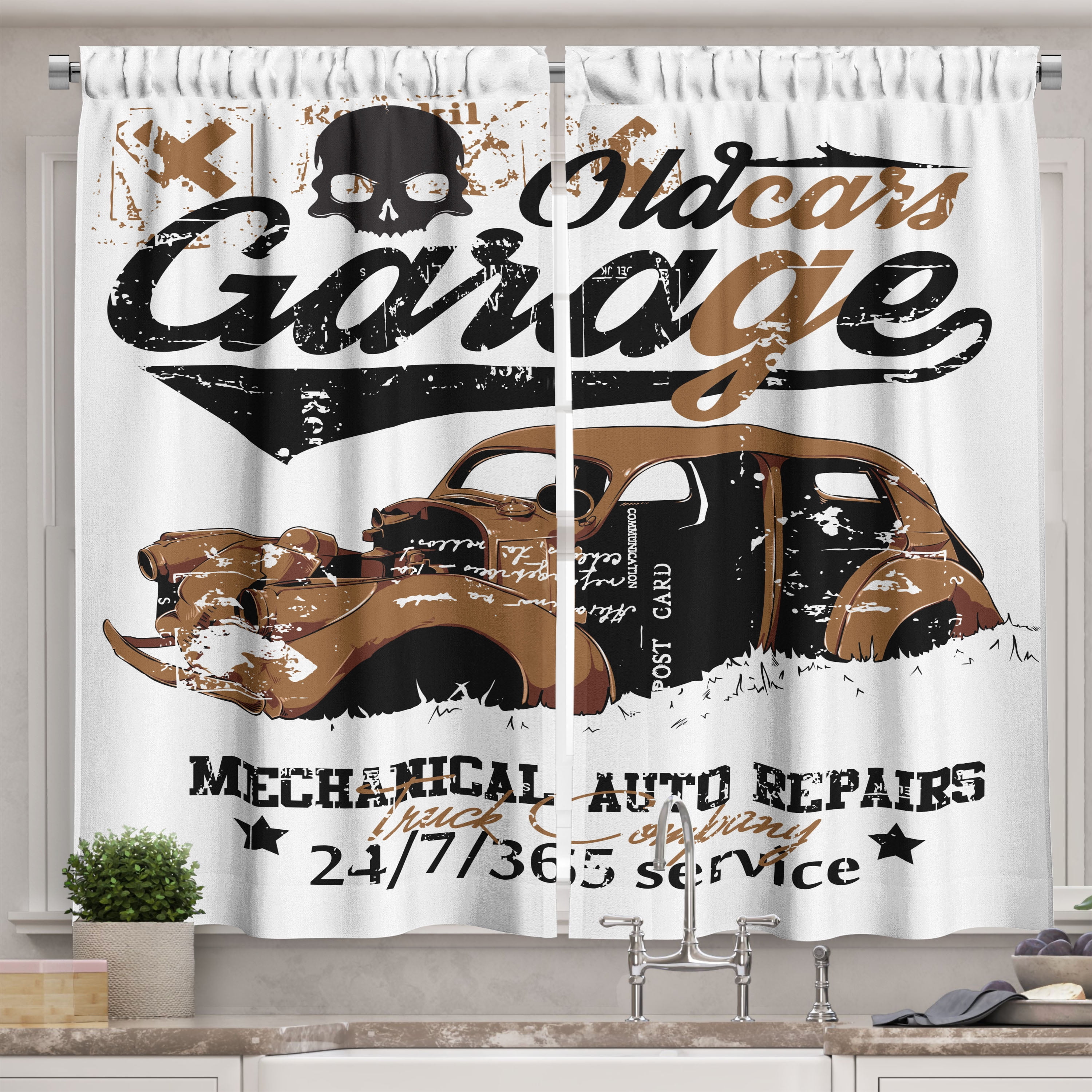 Ambesonne Cars Kitchen Curtains, Old Garage Auto Repair, 55"x39", Pale ...
