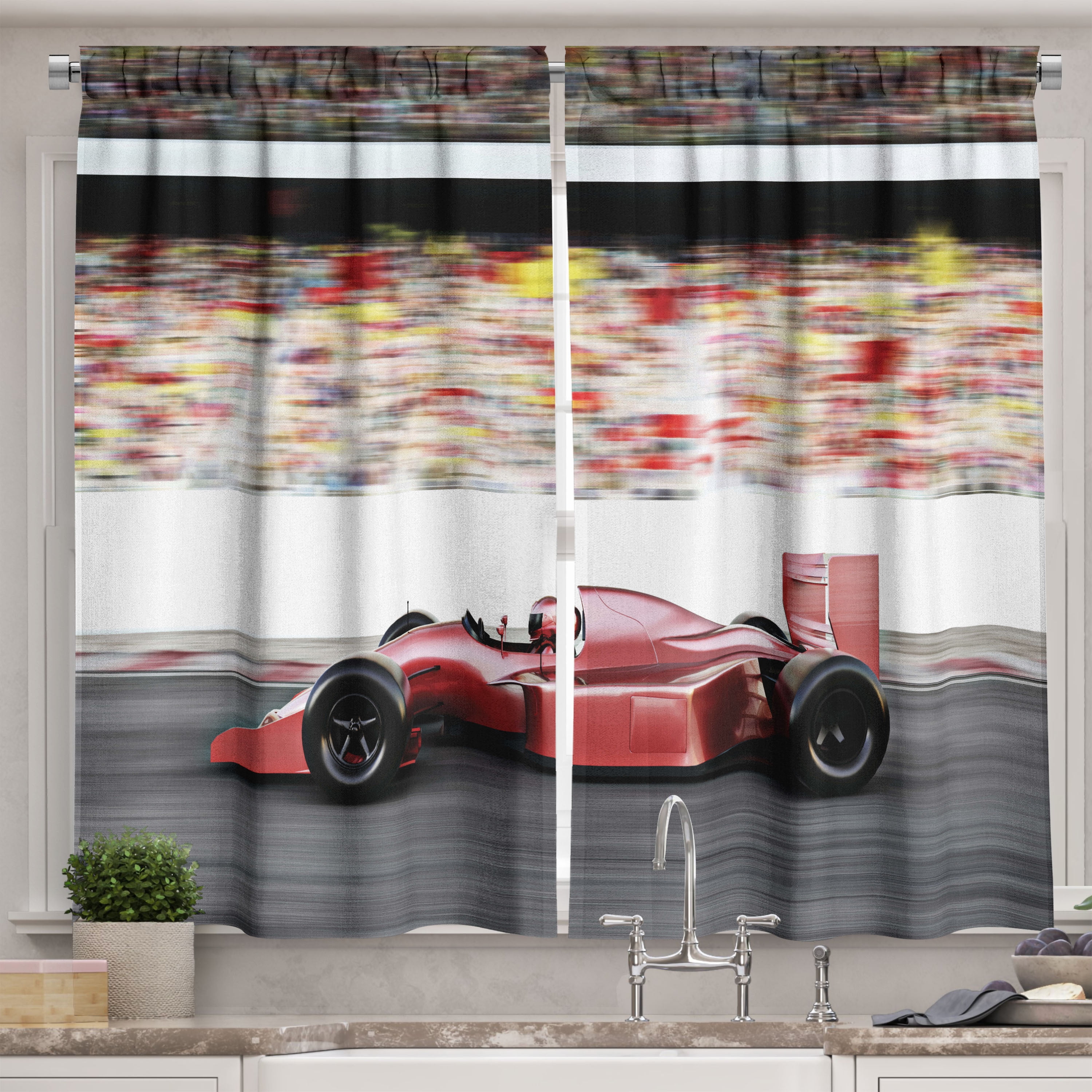Ambesonne Cars Kitchen Curtains, Red Race Car Side View, 55"x45", Grey ...