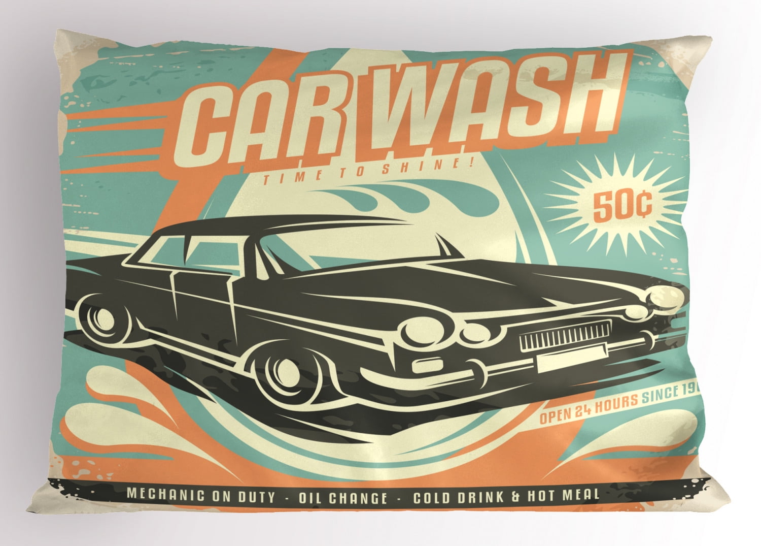Ambesonne Cars Pillow Sham, Retro Car Wash Poster, 26" X 20", Pale ...