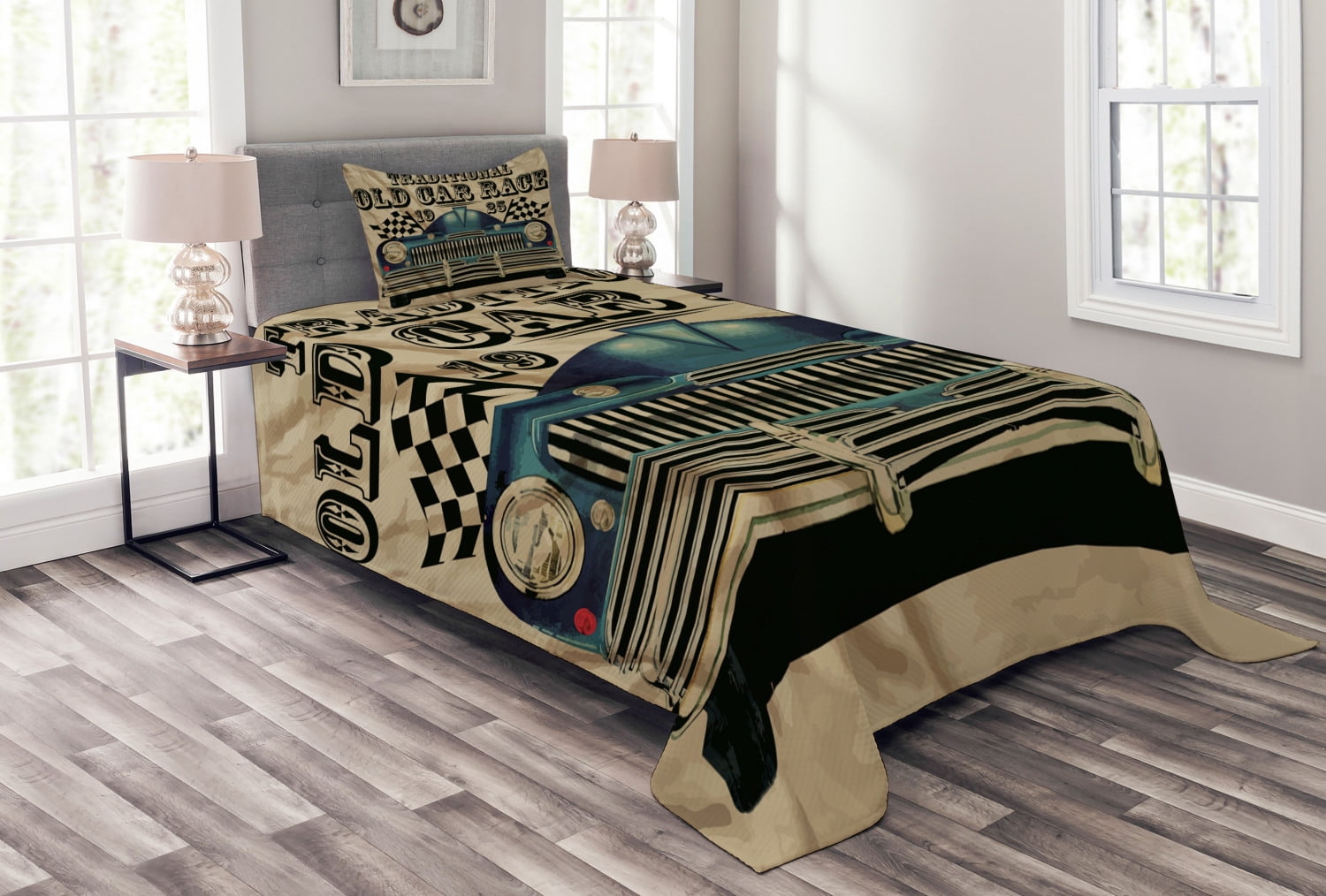 Ambesonne Cars Quilted Bedspread Set 2 Pcs, Traditional Old Race Car ...
