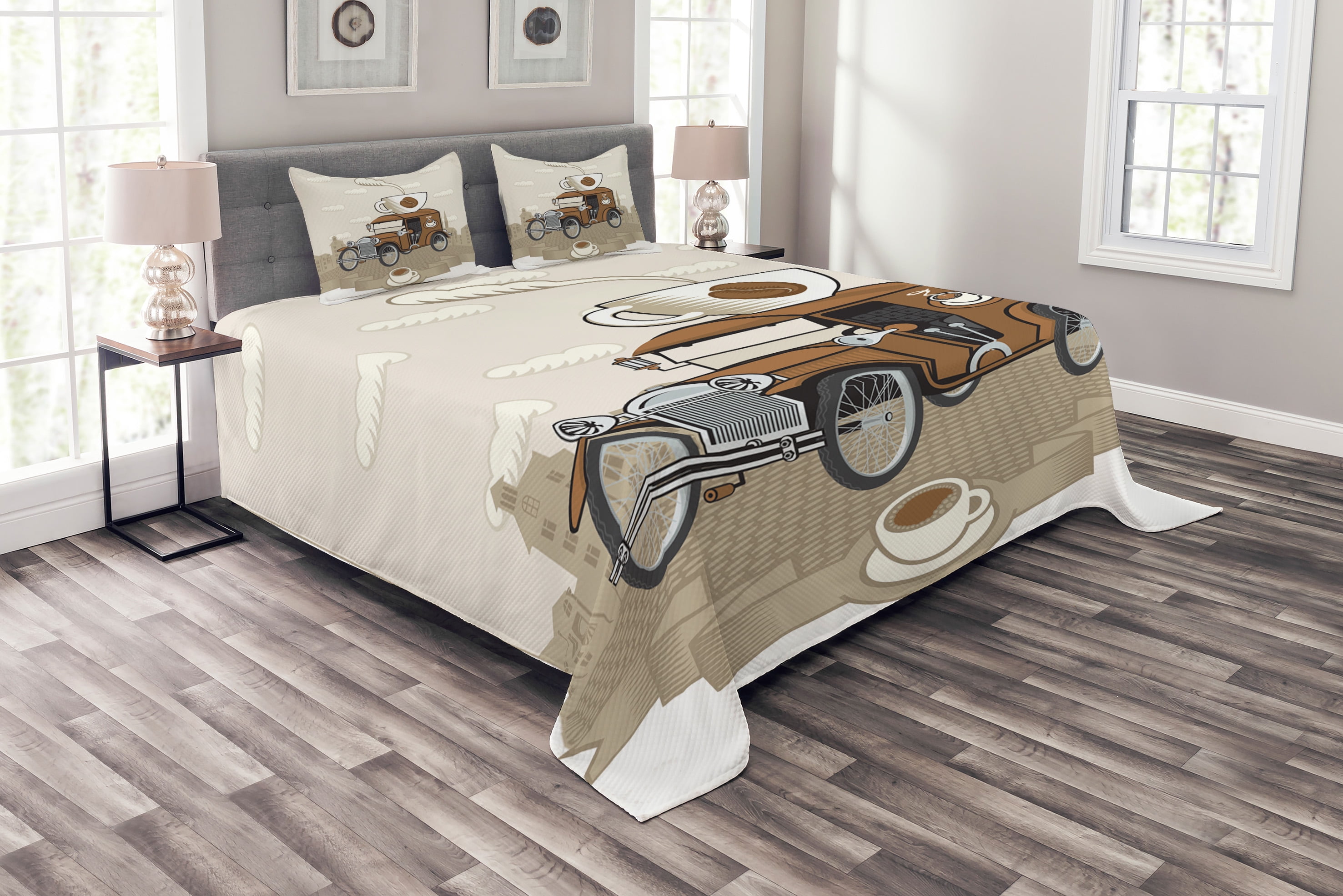 Ambesonne Cars Quilted Bedspread Set 3 Pcs, Old Fashioned Ride Coffee ...