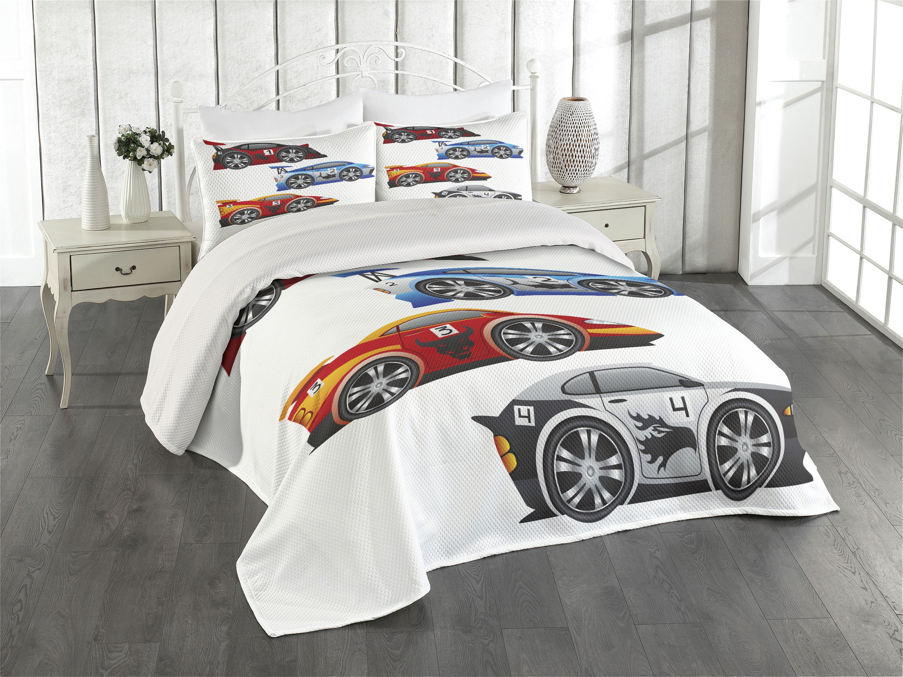Ambesonne Cars Quilted Coverlet 3 Pcs, Formula Cars Technology, Queen ...