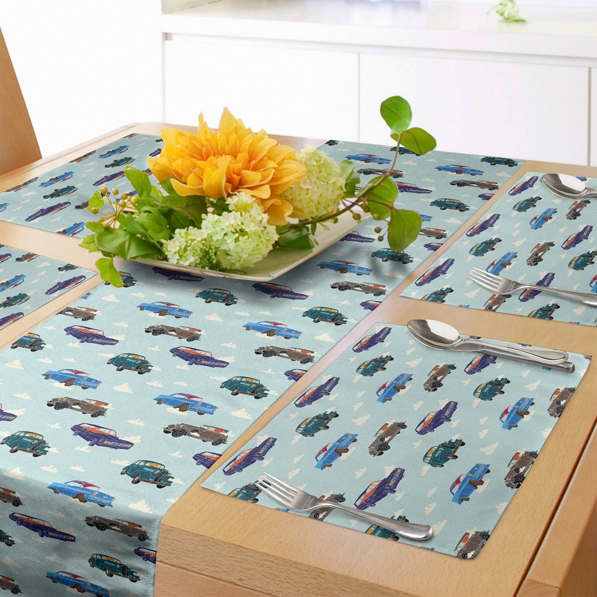 Ambesonne Cars Table Runner & Placemats, Abstarct Design Retro Ride ...