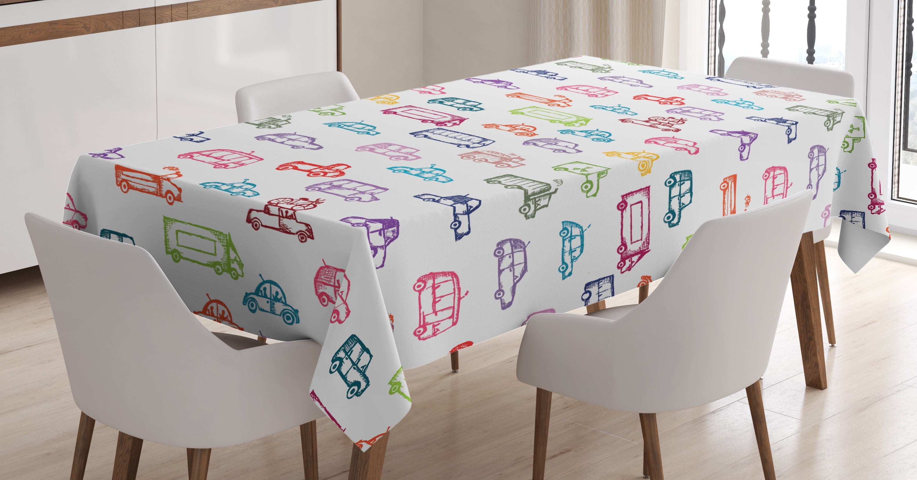 Ambesonne Cars Tablecloth Rectangular Table Cover, Colorful Funny Bus ...