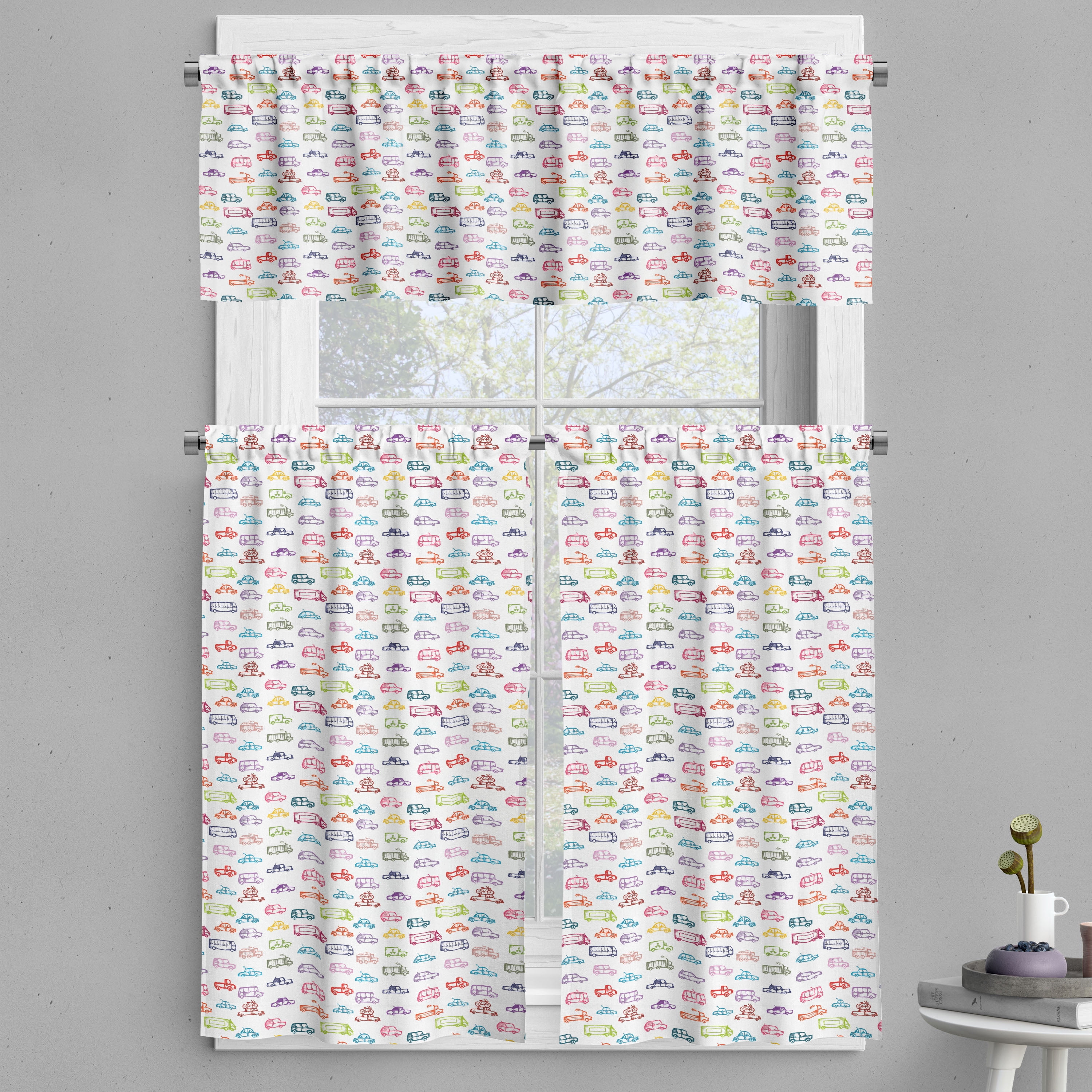 Ambesonne Cars Valance & Curtain, Colorful Funny Bus and Truck, 55"x45 ...
