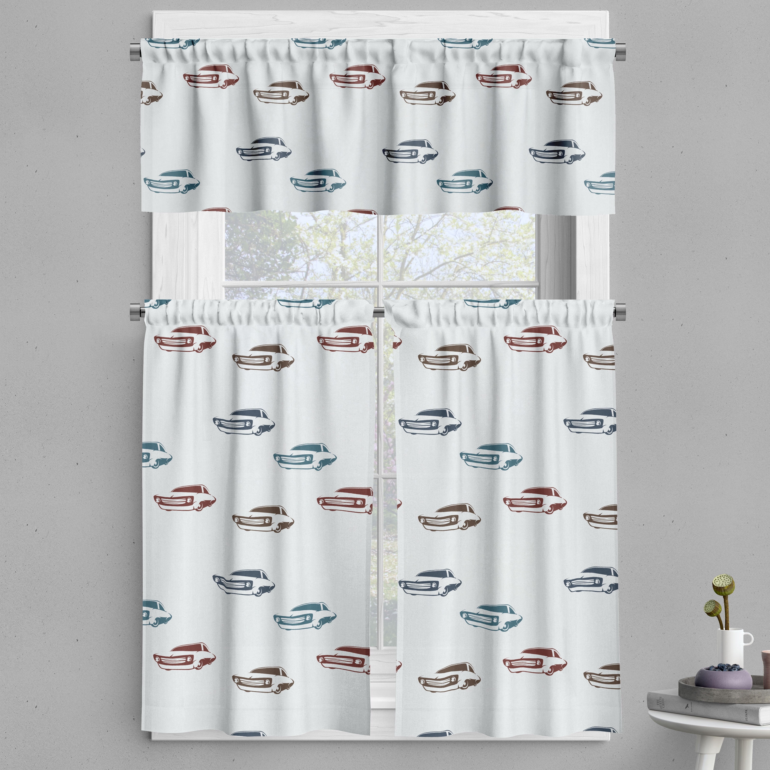 Ambesonne Cars Valance & Curtain, Retro American Vehicles, 55"x36 ...