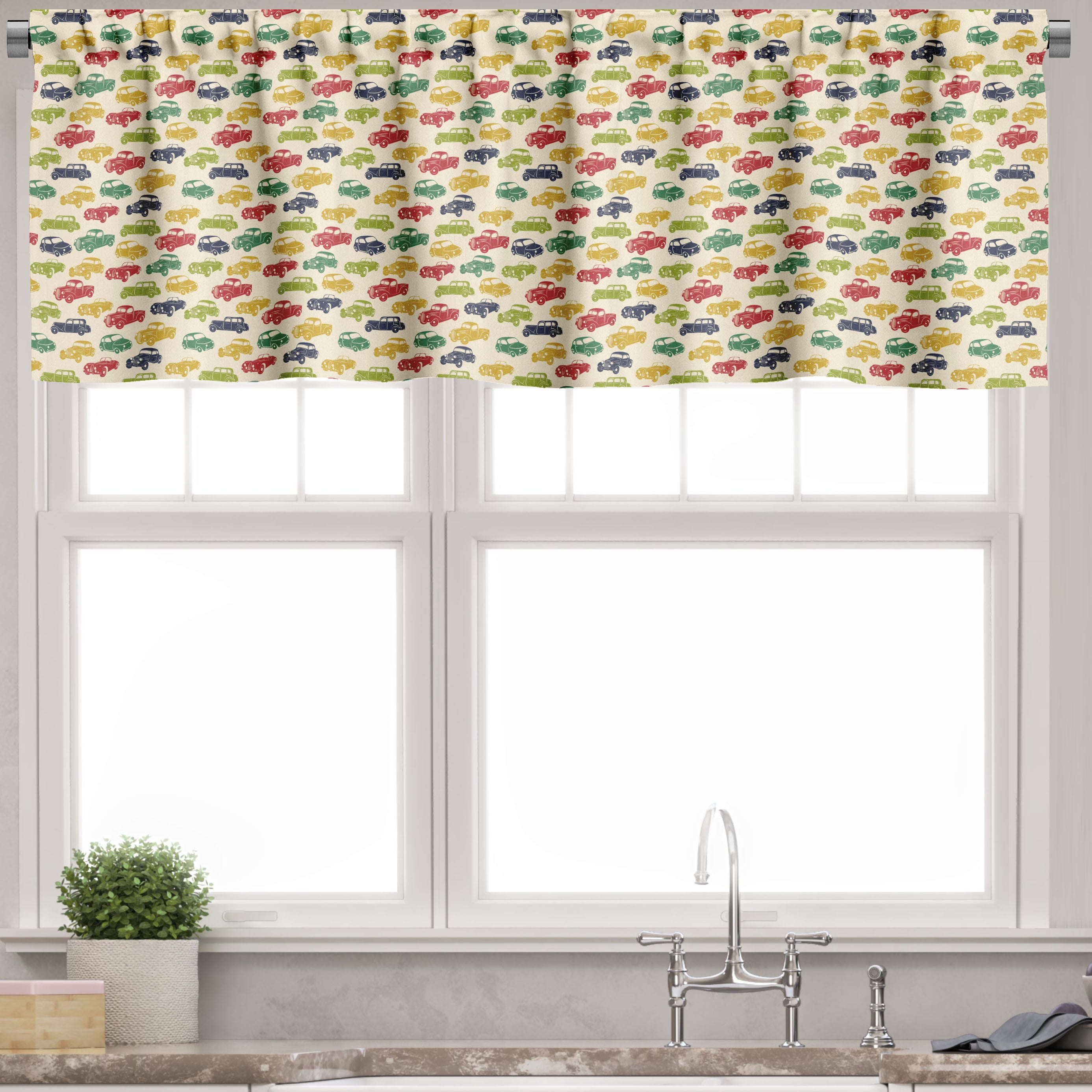 Ambesonne Cars Window Valance, Curved Edged Vehicle Drawn, 54" X 18 ...