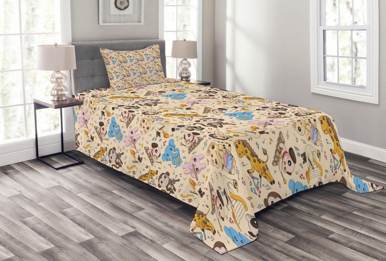 Ambesonne Cartoon Animal Quilted Bedspread Set 2 Pcs, Musician Mascots ...