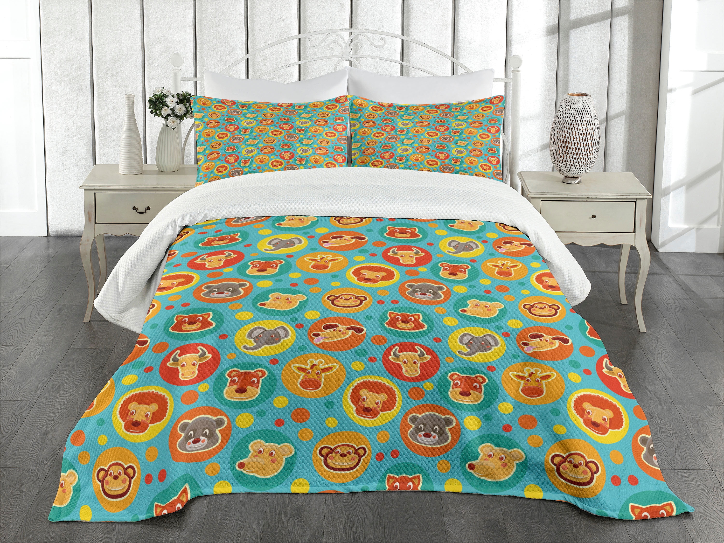 Ambesonne Cartoon Animal Quilted Bedspread Set 3 Pcs, Comic Fun Faces ...