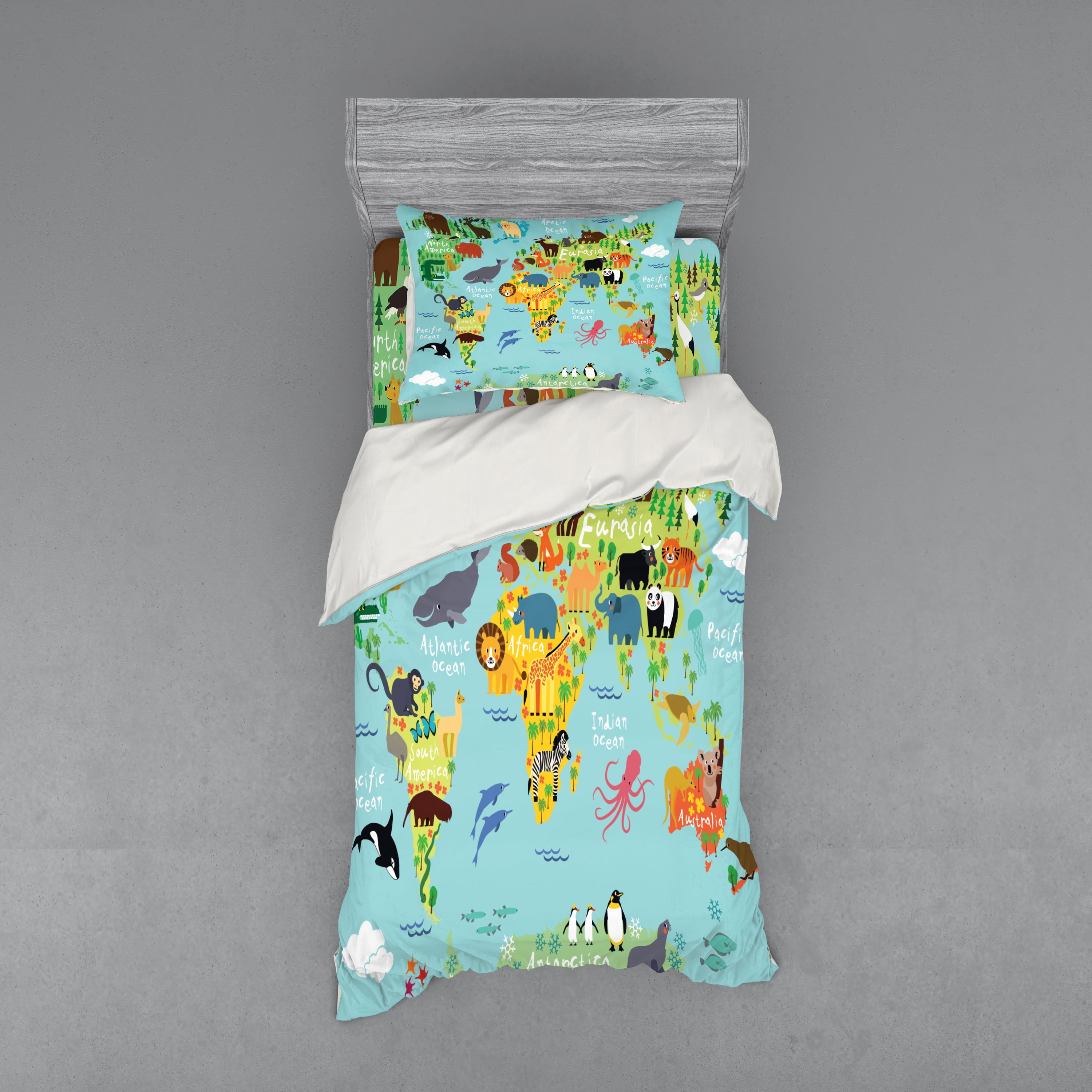 Ambesonne Cartoon Bedding Set 3 Pcs, Animal Map of the World, Twin ...