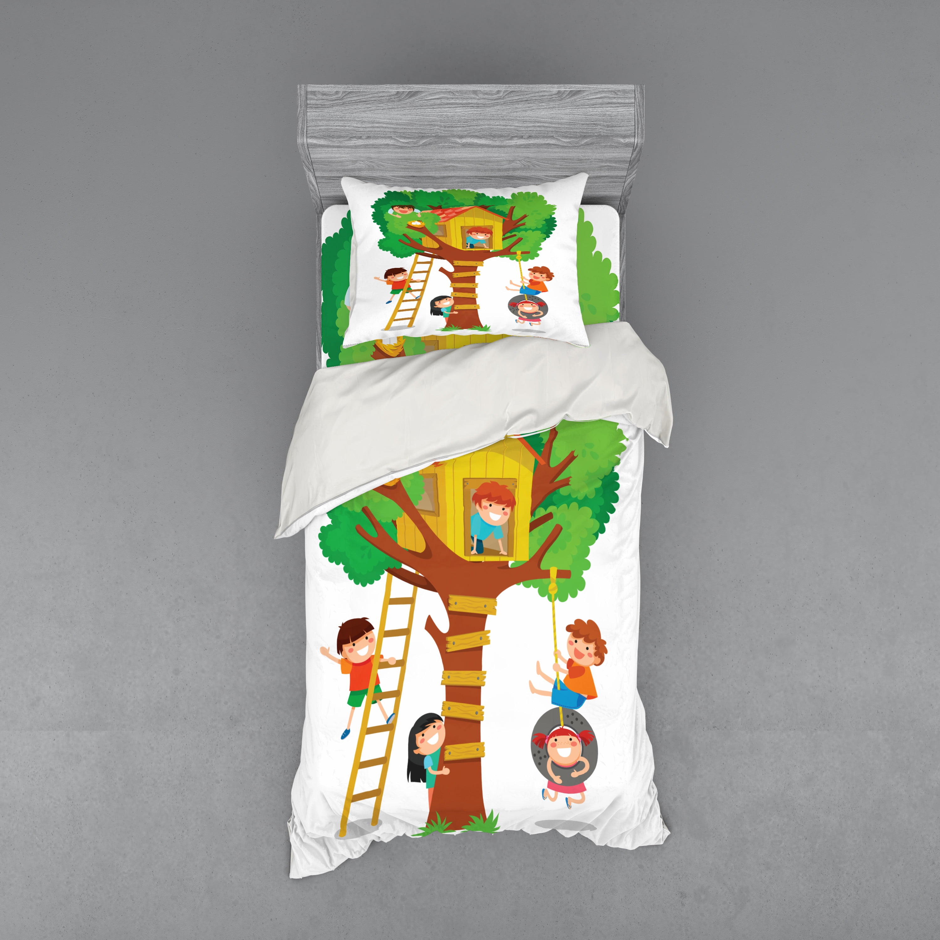 Ambesonne Cartoon Bedding Set 3 Pcs, Boys Girl in a Tree House, Twin XL ...