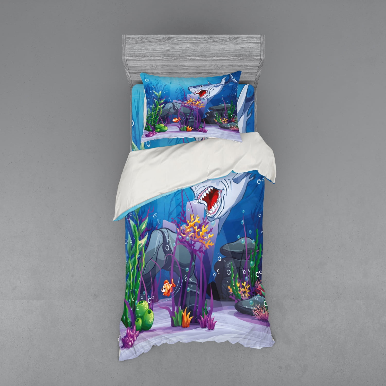 Ambesonne Cartoon Bedding Set 3 Pcs, Evil Shark Little Fish, Twin XL ...