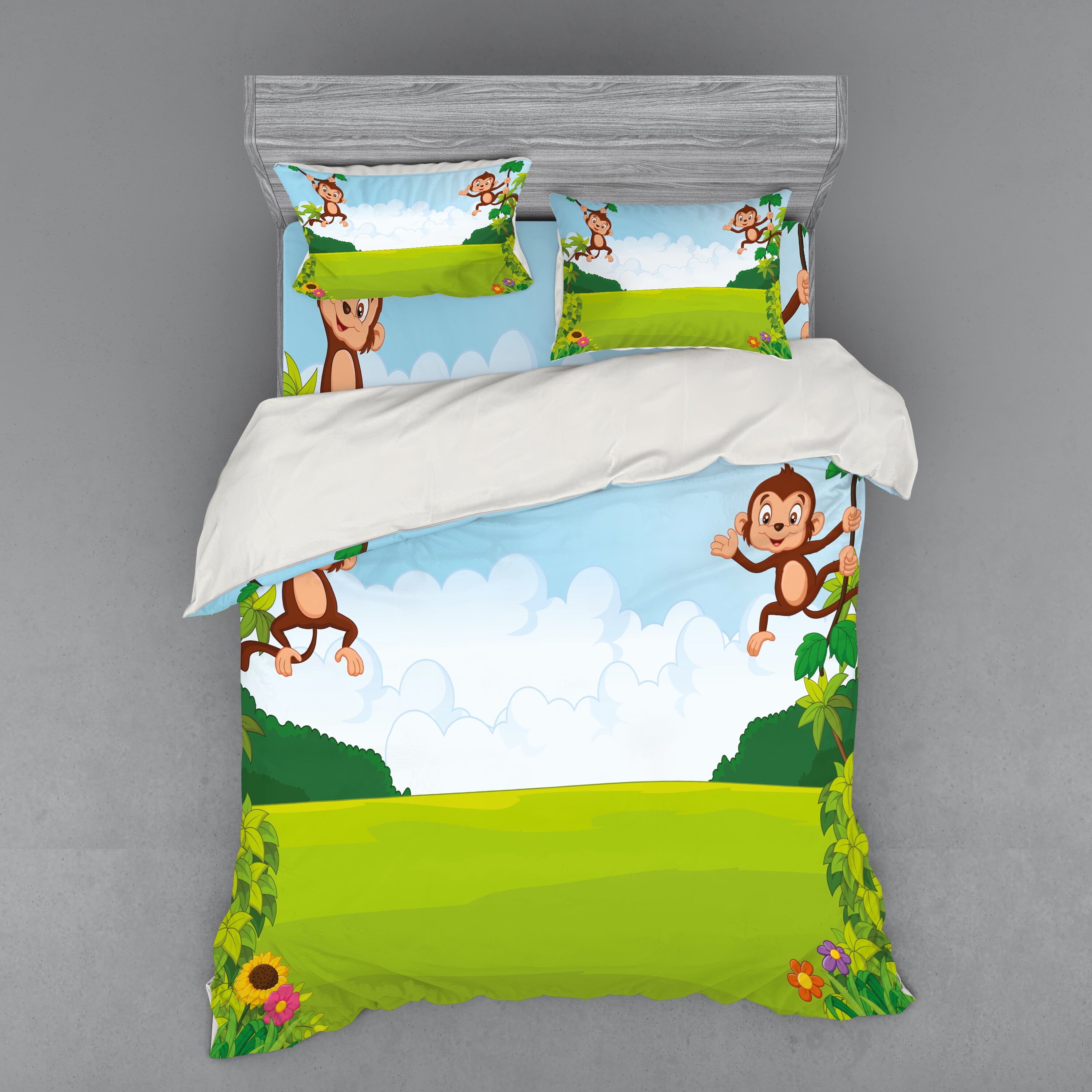 Ambesonne Cartoon Bedding Set 4 Pcs, Monkeys on Vines, Queen, Pale Blue ...
